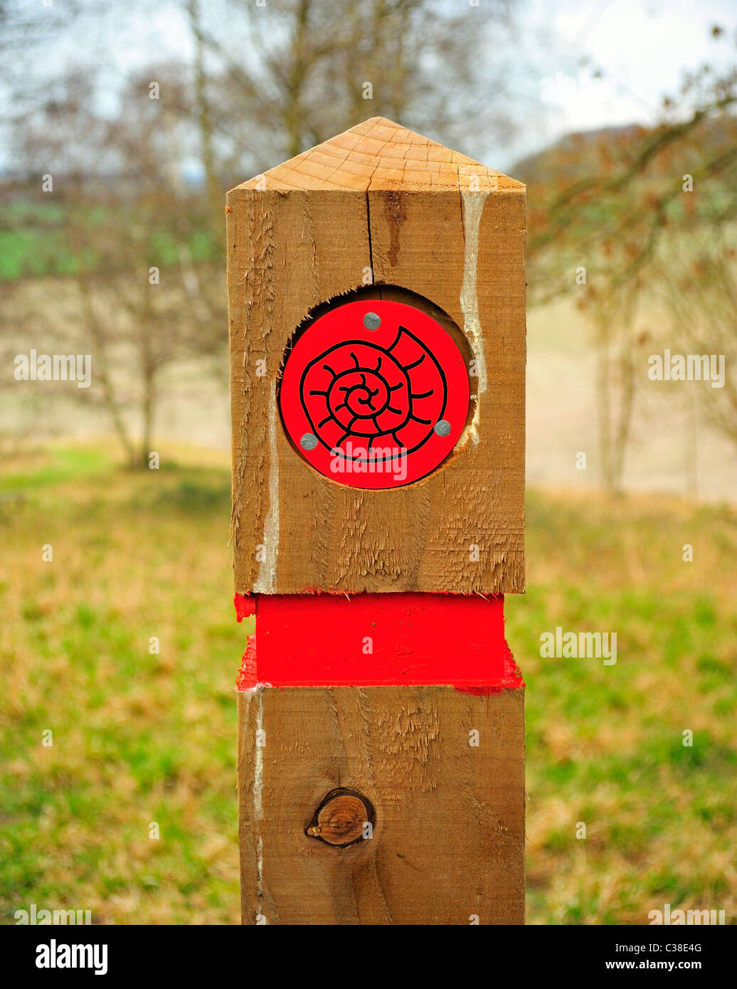 Nature trail marker showing fossil symbol in Bedfordshire Stock Photo ...