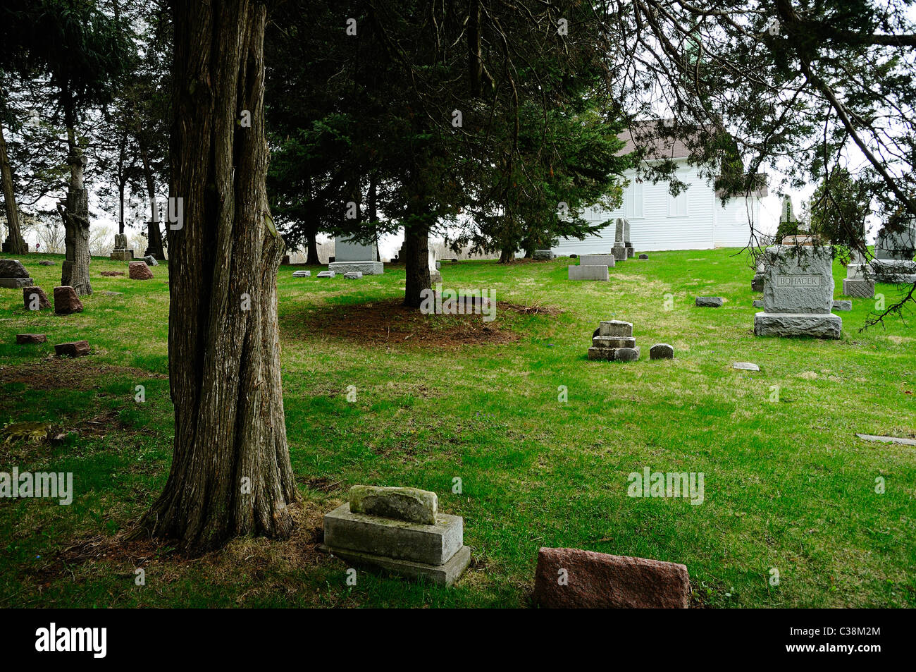Small hillside cemetery with trees and gravestones Stock Photo - Alamy