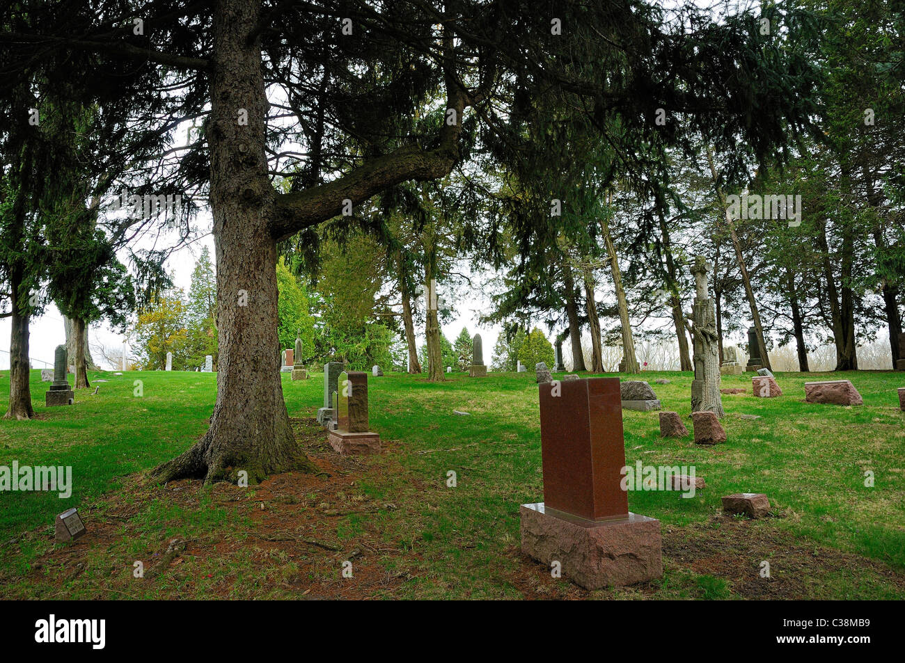 Small hillside cemetery with trees and gravestones Stock Photo - Alamy