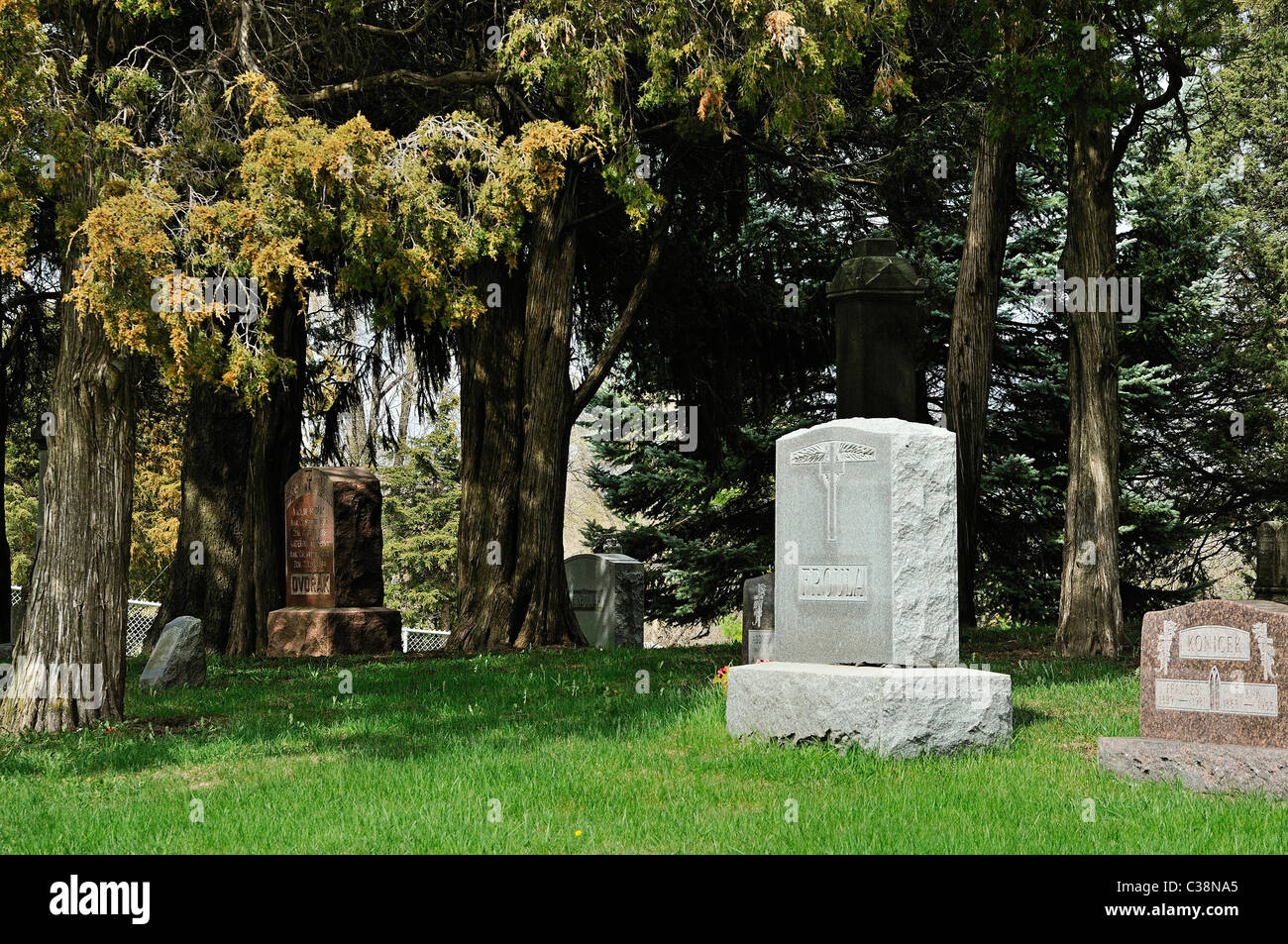 Small hillside cemetery with trees and gravestones Stock Photo - Alamy