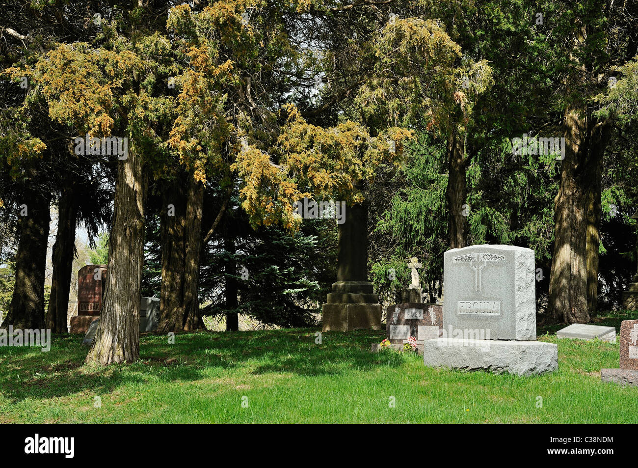 Small hillside cemetery with trees and gravestones Stock Photo - Alamy