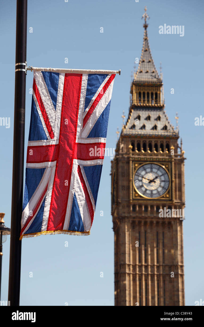 "Union Jack" flag and "Big Ben" [Clock Tower], "Houses of Parliament ...