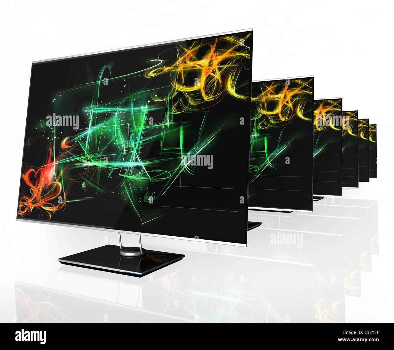 Many led tv in raw with colored background isolated on white with ...