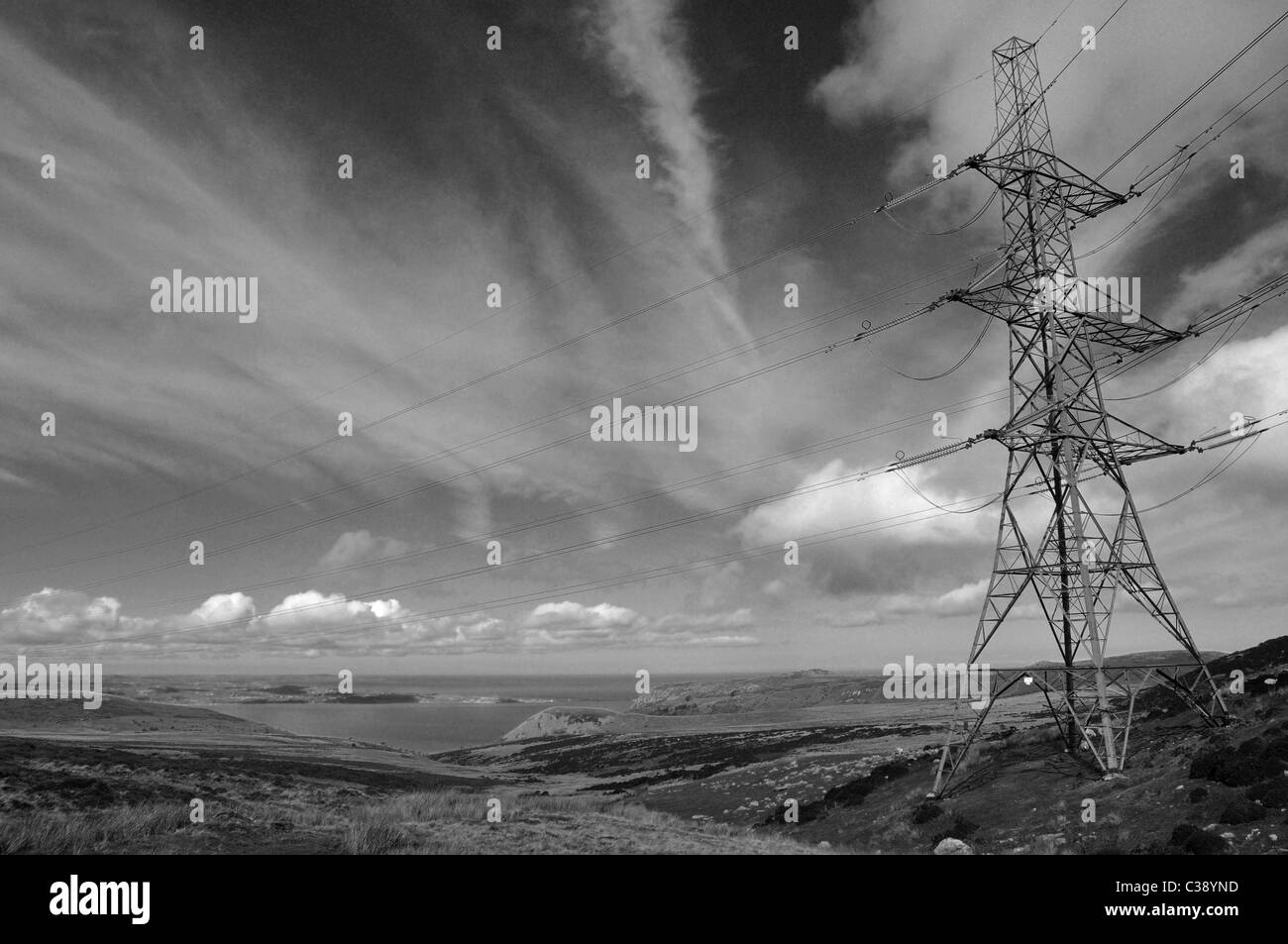 black and white landscape of telephone pylon on a welsh mountain with ...