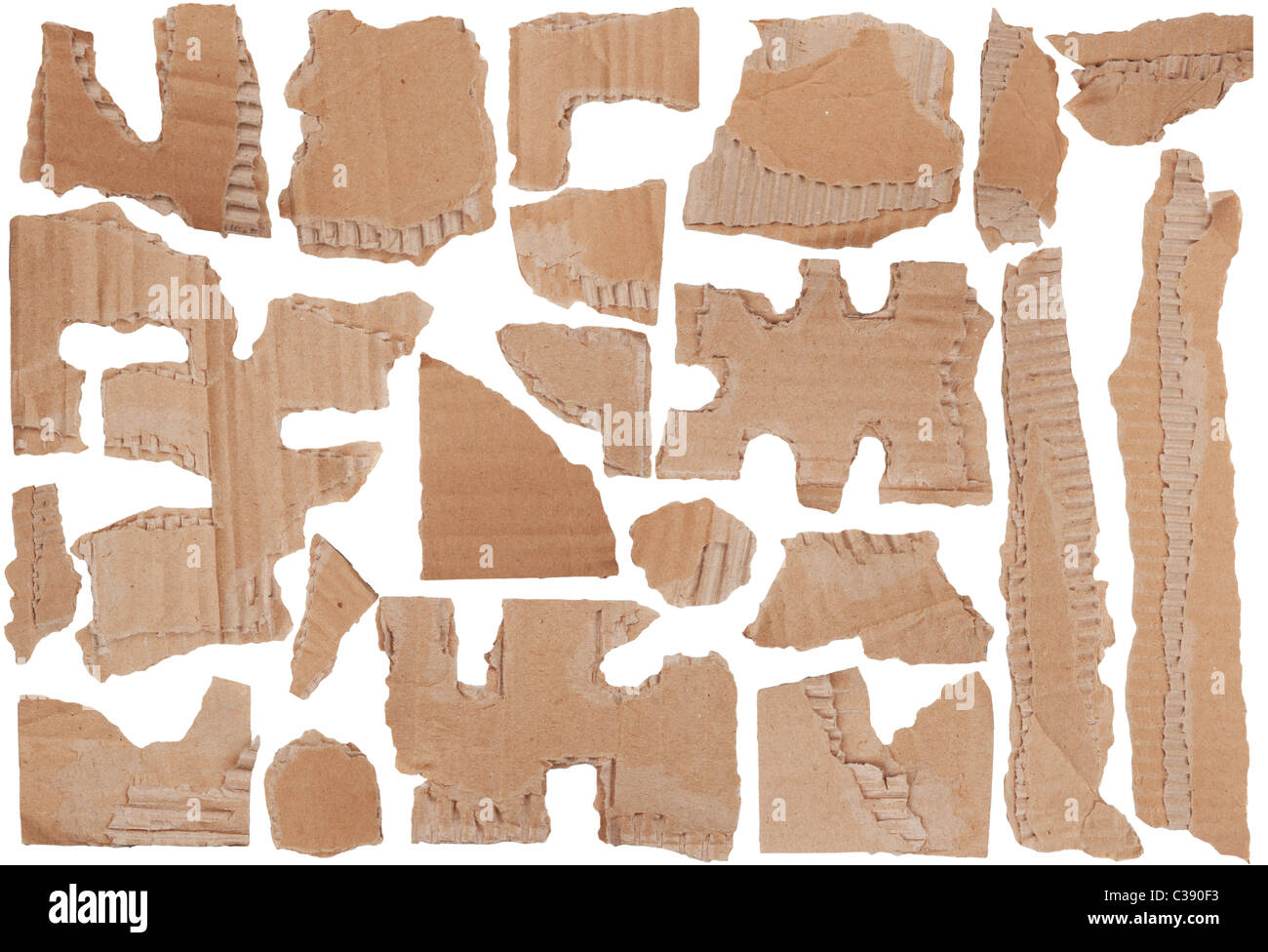 Pieces of torn brown corrugated cardboard, Isolated on White Background ...