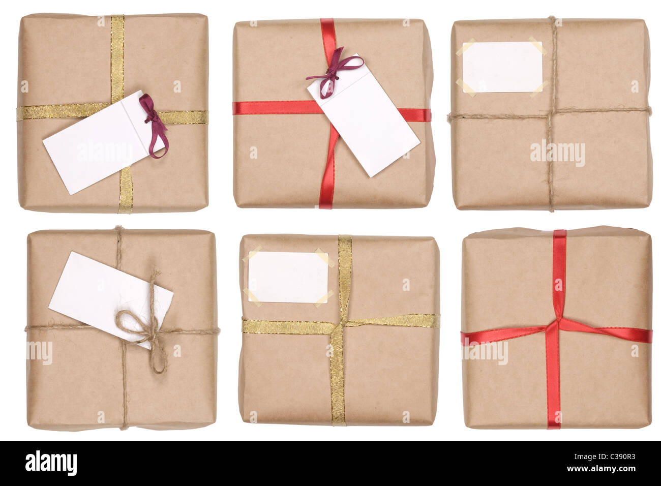 gift box with ribbon and blank label on white background Stock Photo ...