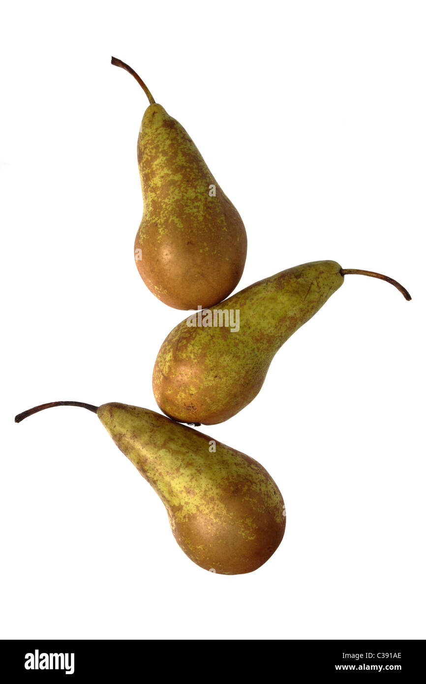 Three pears arranged in a still life composition isolated on a white ...