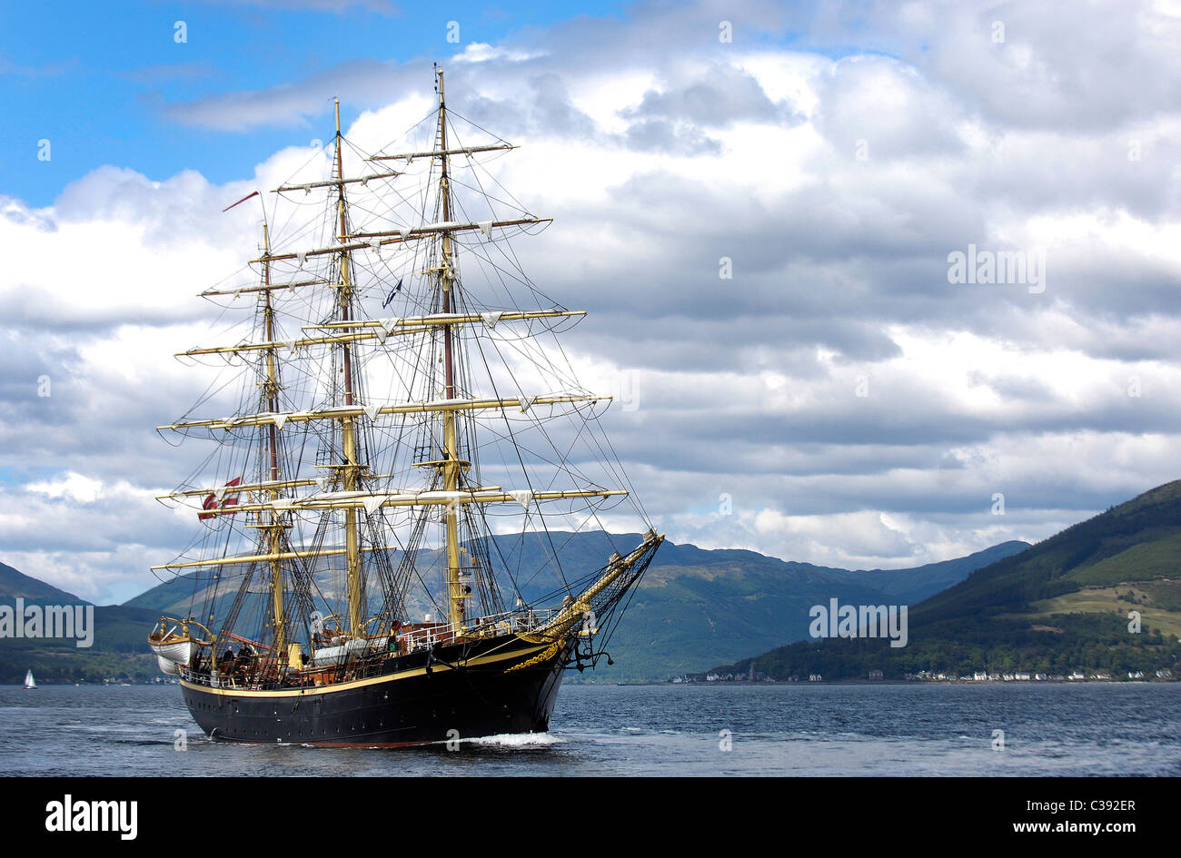 The Danish tall ship Georg Stage, built in 1882, sails up the River ...