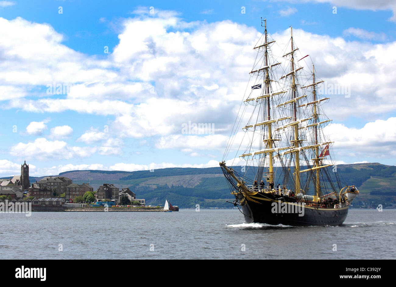The Danish tall ship Georg Stage, built in 1882, sails up the River ...