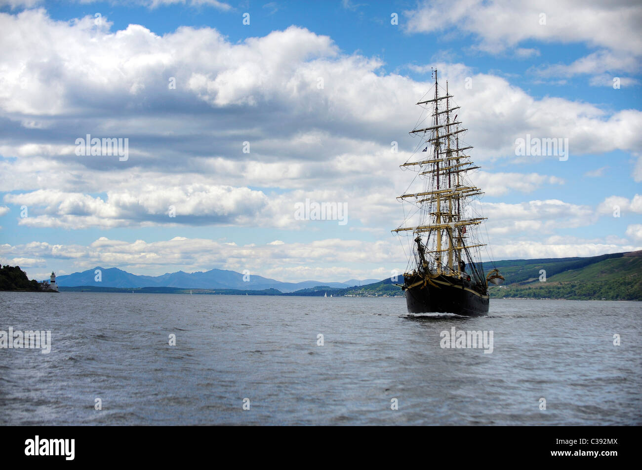 The Danish tall ship Georg Stage, built in 1882, sails up the River ...