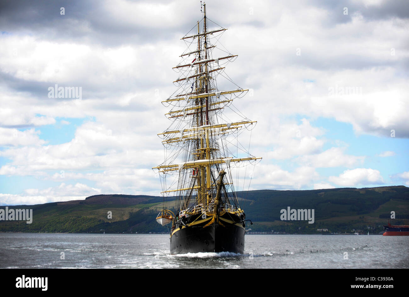 The Danish tall ship Georg Stage, built in 1882, sails up the River ...