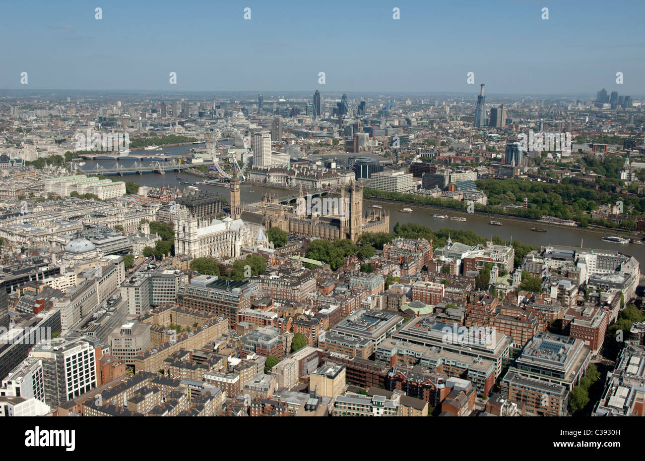 Londons Westminster and the Houses of Parliament as seen from the air ...