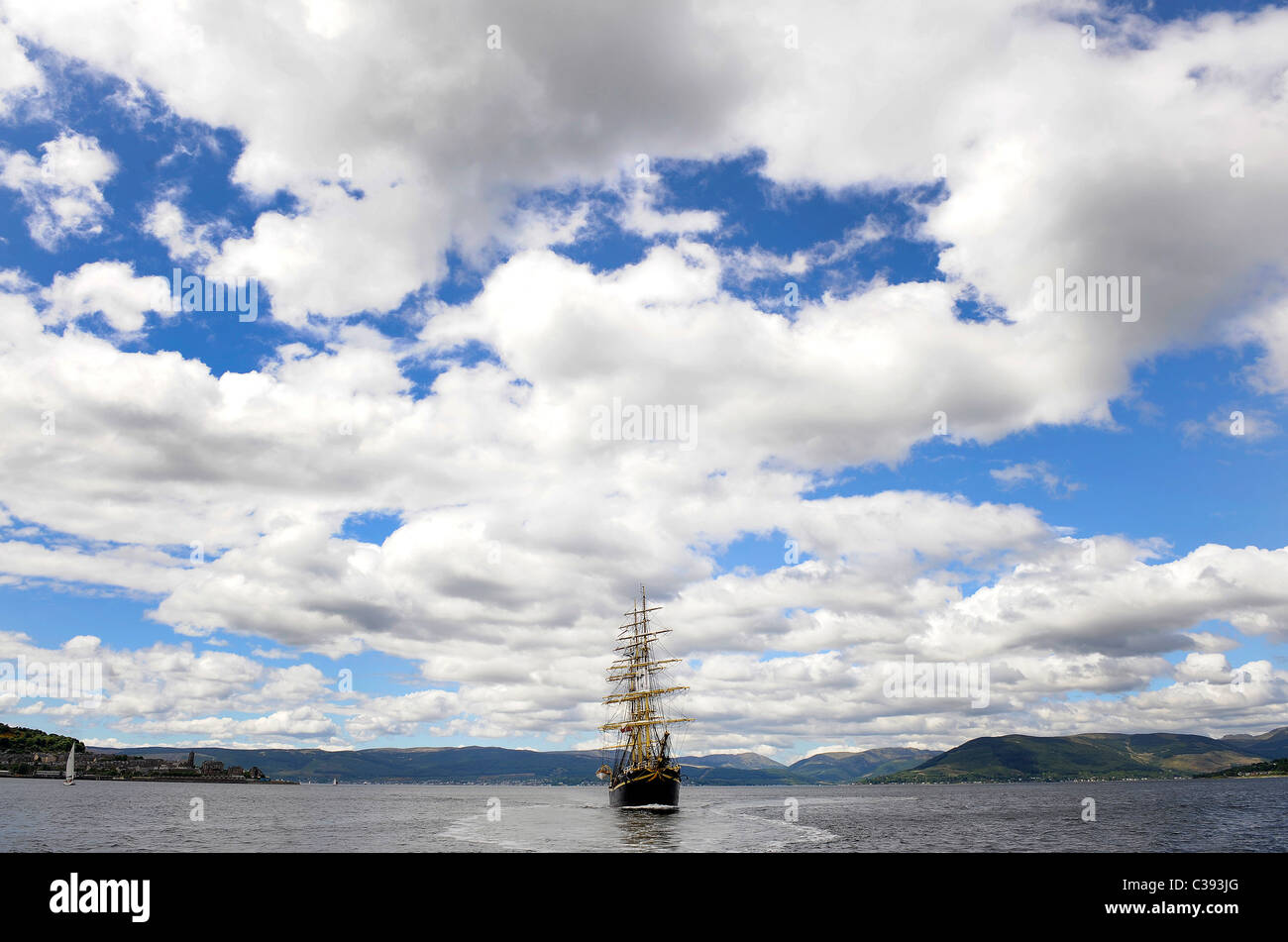 The Danish tall ship Georg Stage, built in 1882, sails up the River ...