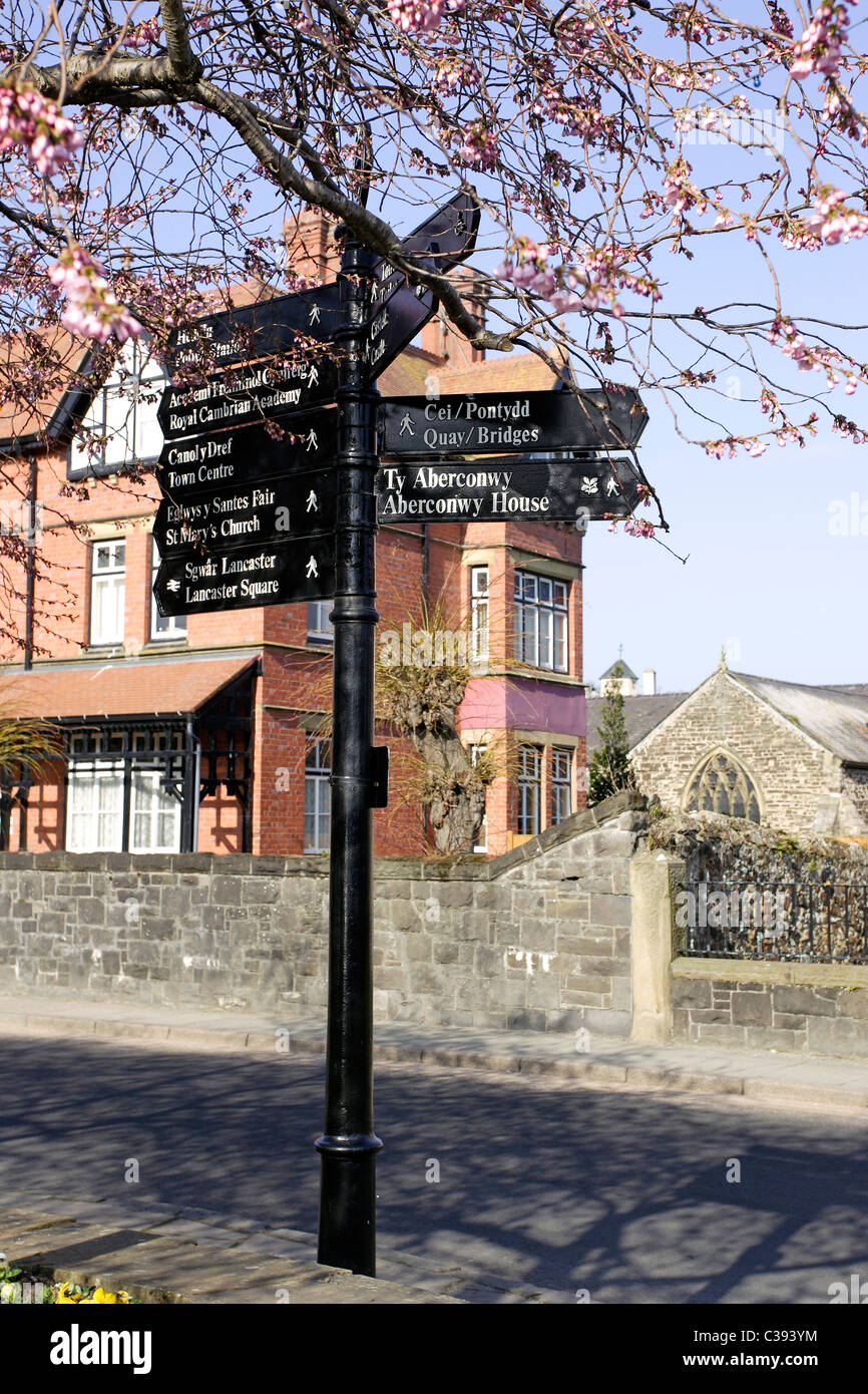 A tourist information sign in the historic town of Conwy in North Wales ...