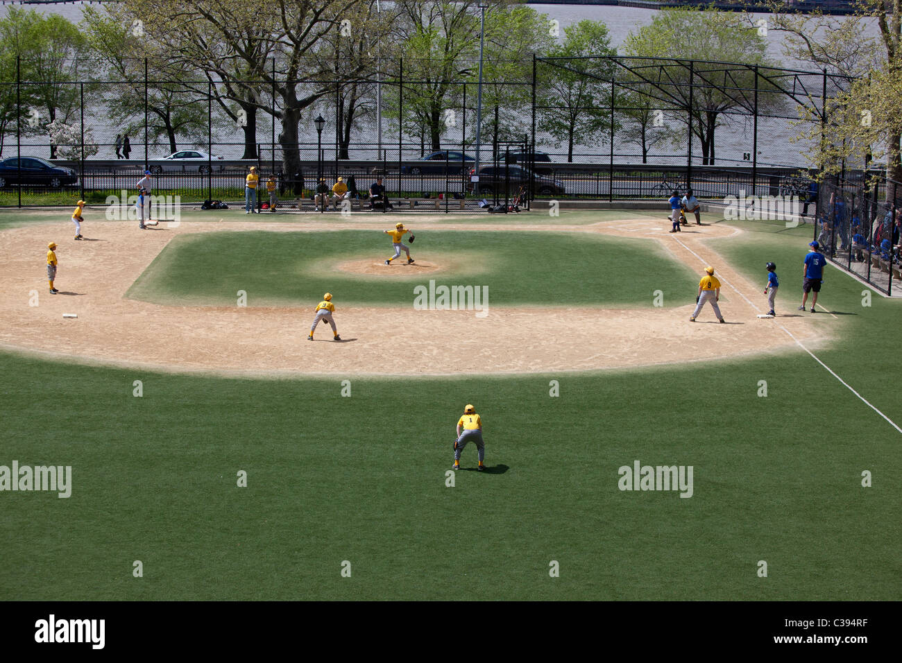 View of boys little league baseball field with game in progress Stock ...
