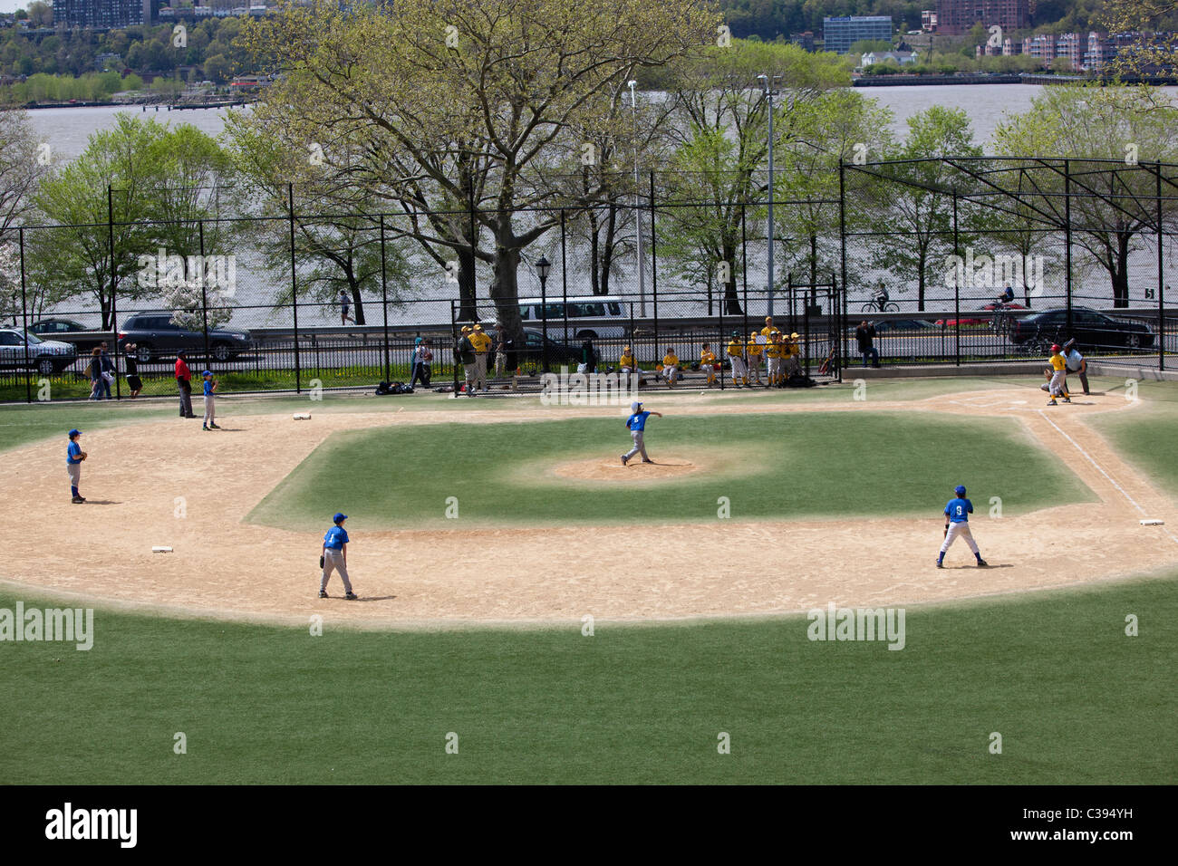 View of boys little league baseball field with game in progress Stock ...