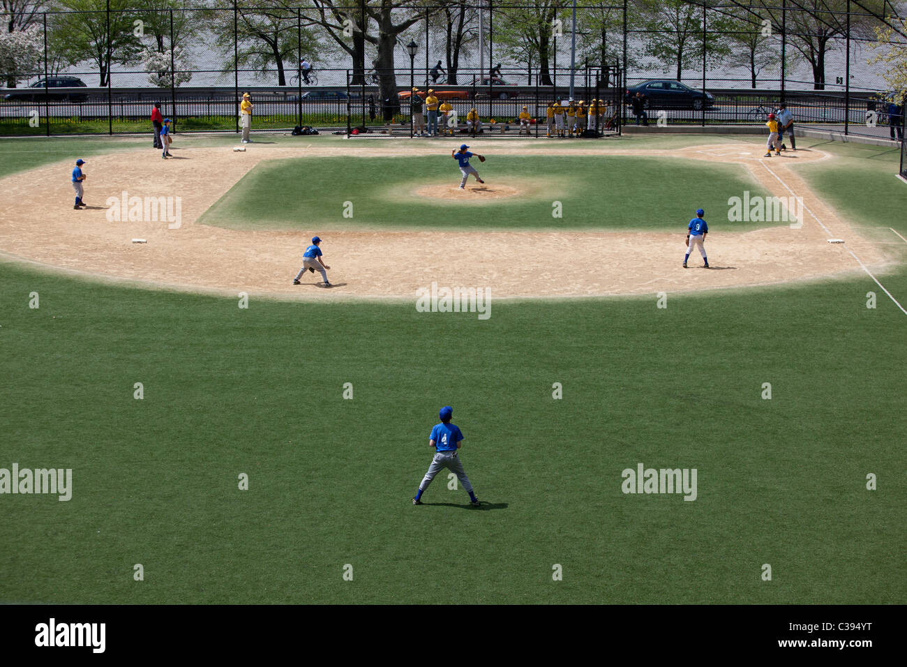 View of boys little league baseball field with game in progress Stock ...
