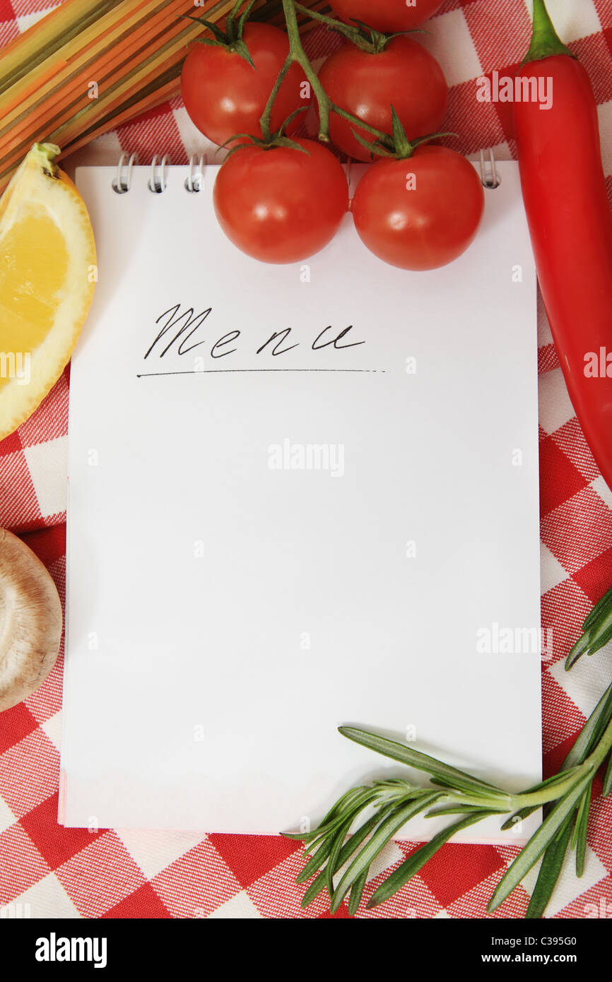 Vegetables still life with menu blank on checkered background Stock ...