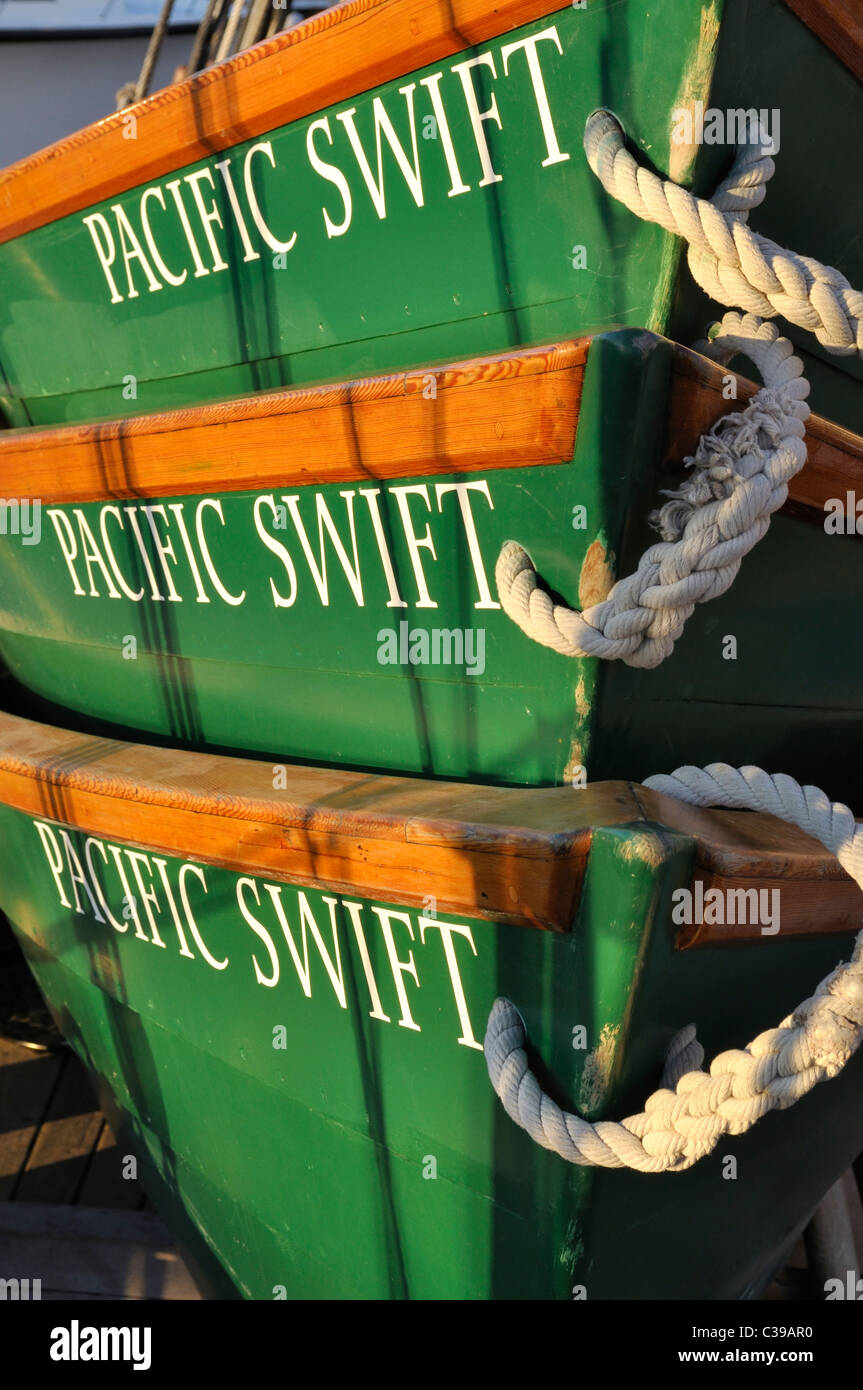 Row boats on Pacific Swift wood schooner located in Victoria, British ...