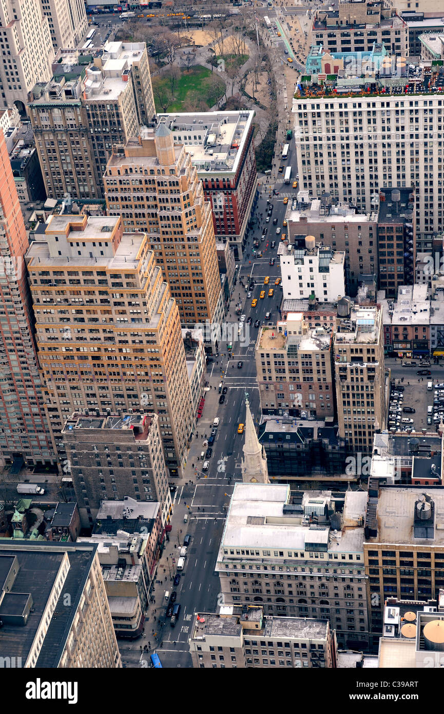 New York City Manhattan street aerial view with skyscrapers, pedestrian ...