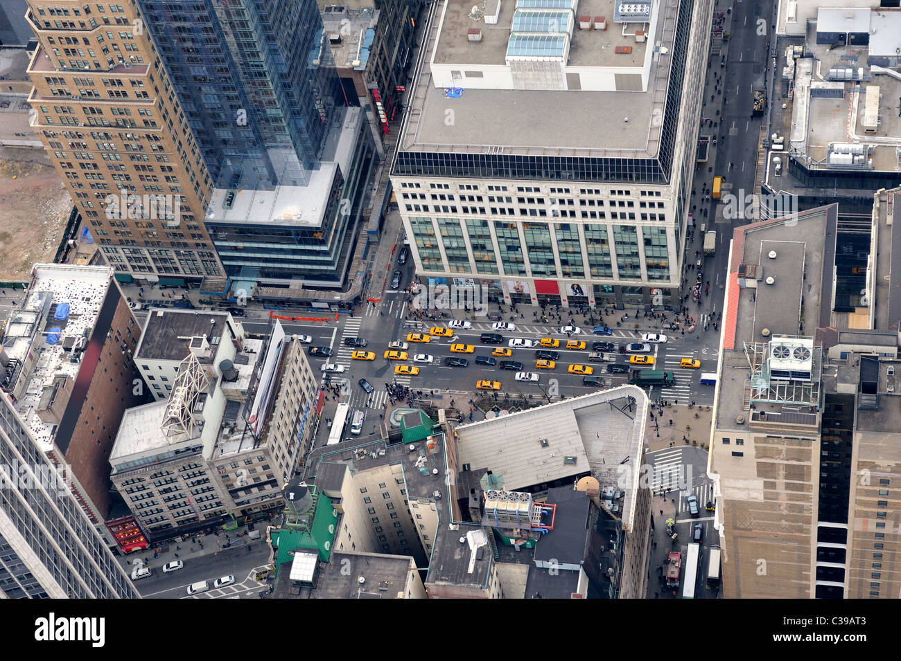 New York City Manhattan street aerial view with skyscrapers, pedestrian ...