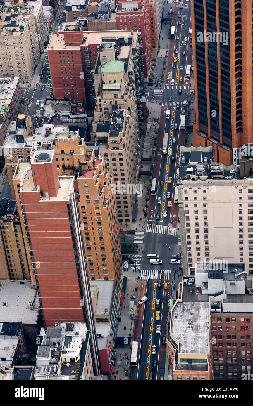 New York City Manhattan street aerial view with skyscrapers, pedestrian ...