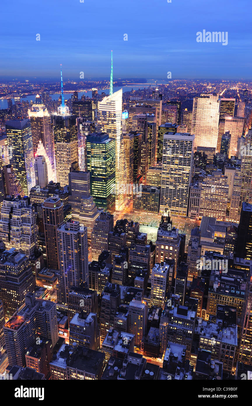 New York City Manhattan Times Square night city skyline aerial view ...
