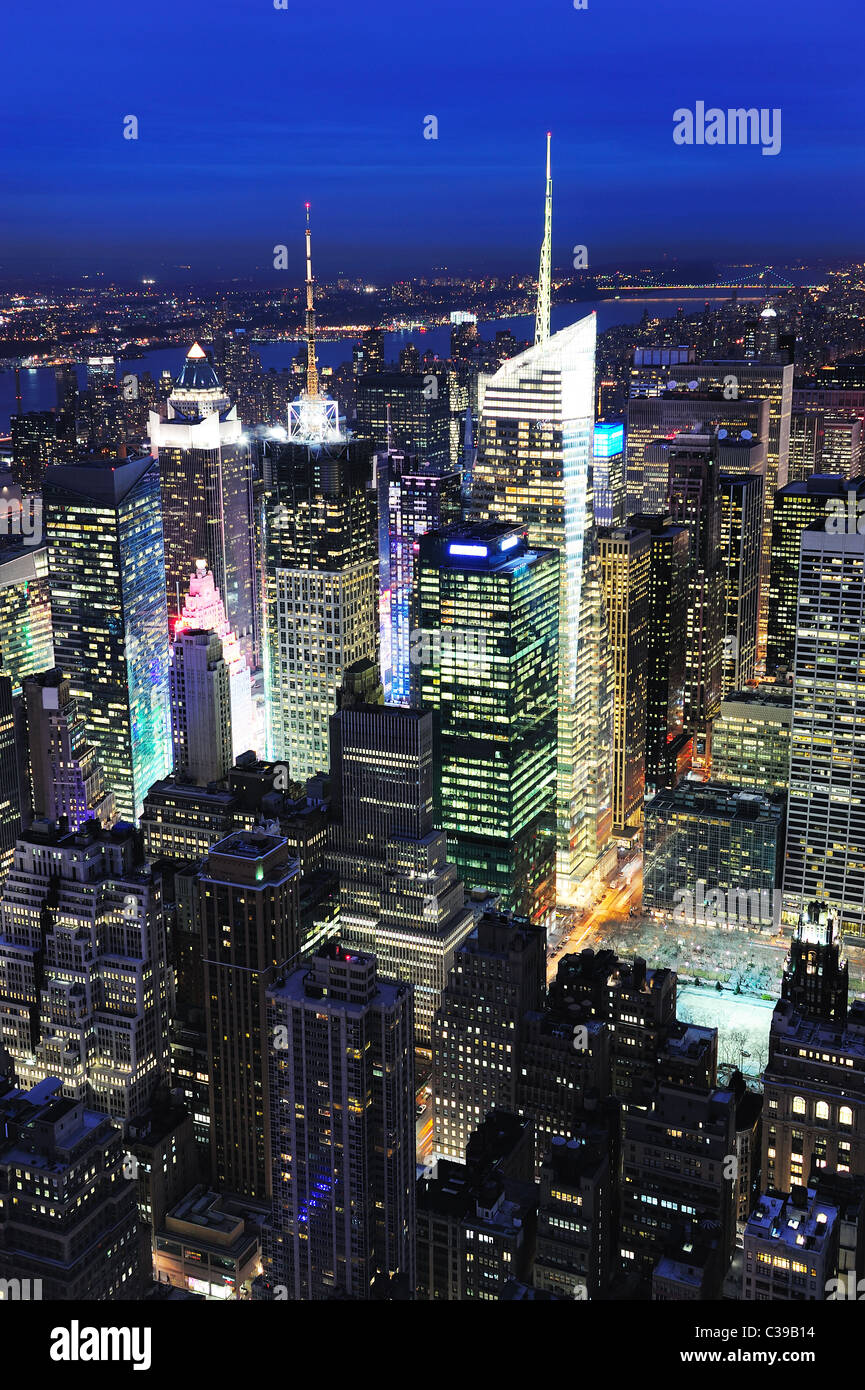 New York City Manhattan Times Square night city skyline aerial view ...