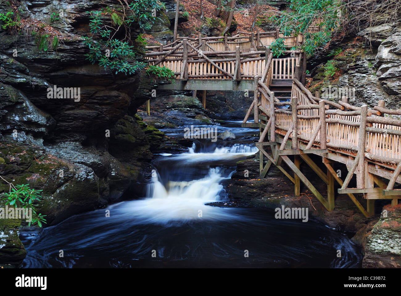 Autumn creek with hiking trails and foliage in forest. From Bushkill ...