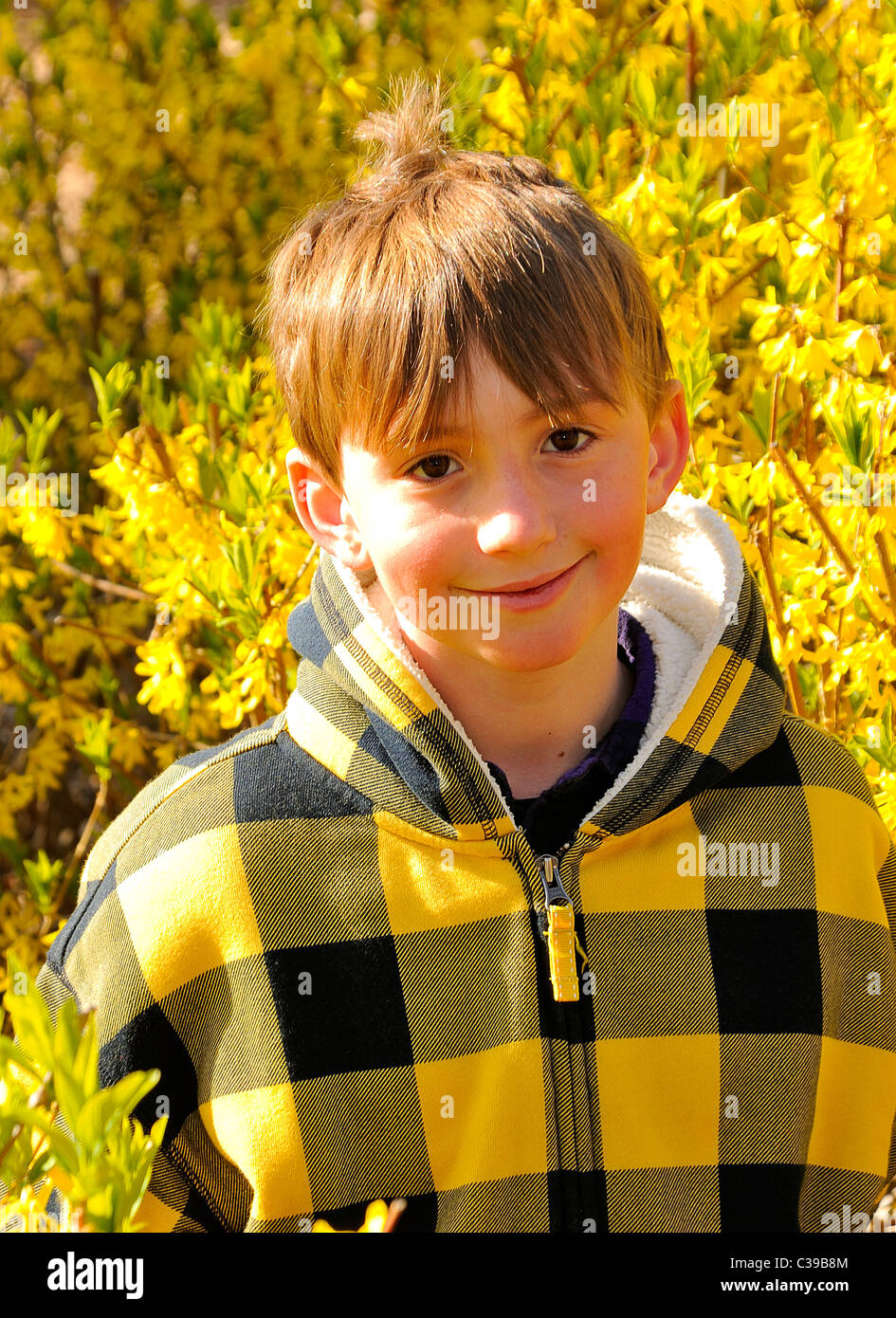 Young Boy in a Field of Yellow Flowers Stock Photo - Alamy