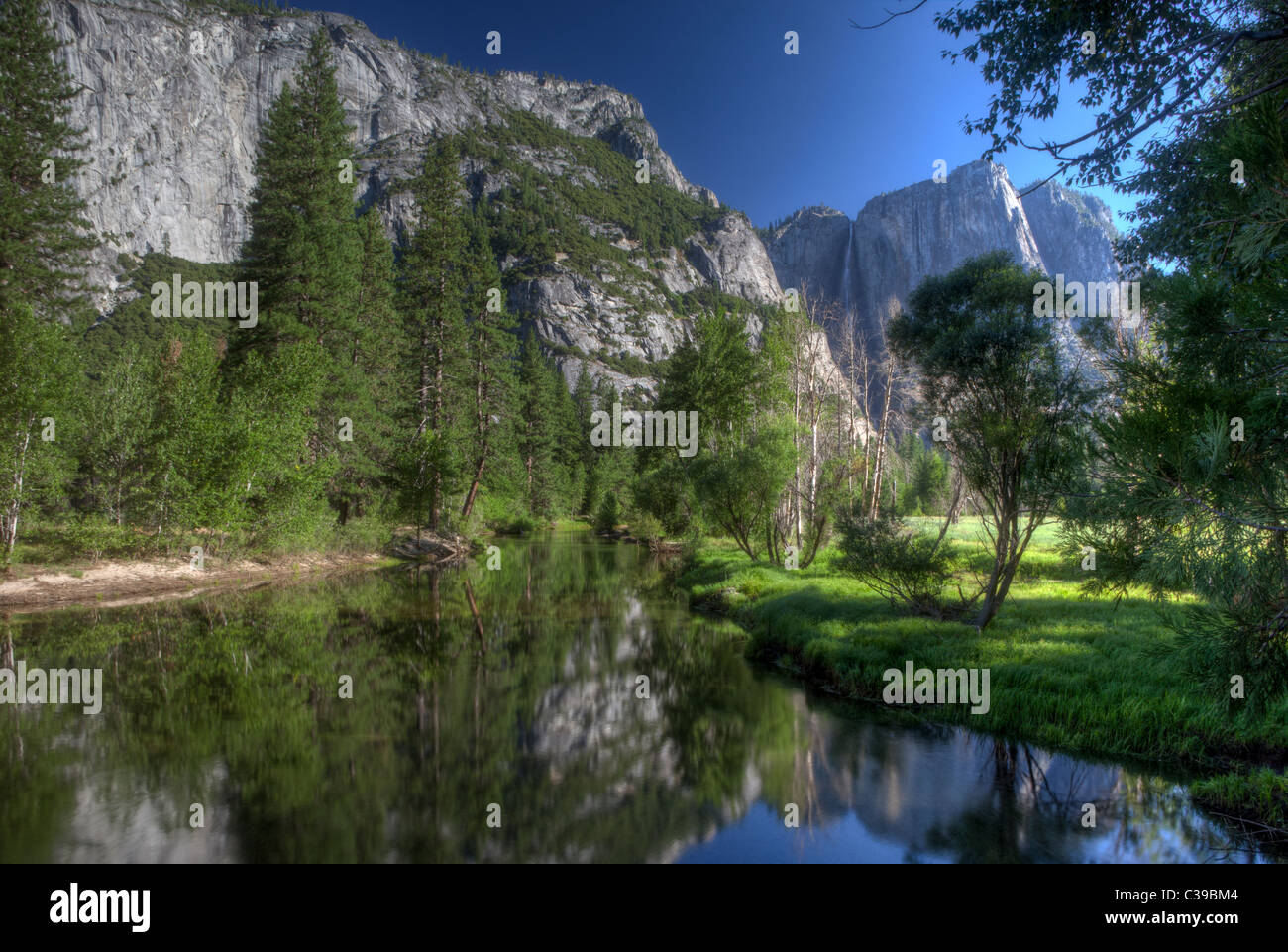Upper Yosemite Fall and Merced River from the Swinging Bridge in ...