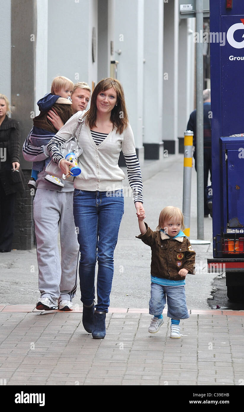 Nicky Byrne and wife Georgina Ahern walking with their twins, Jay and ...