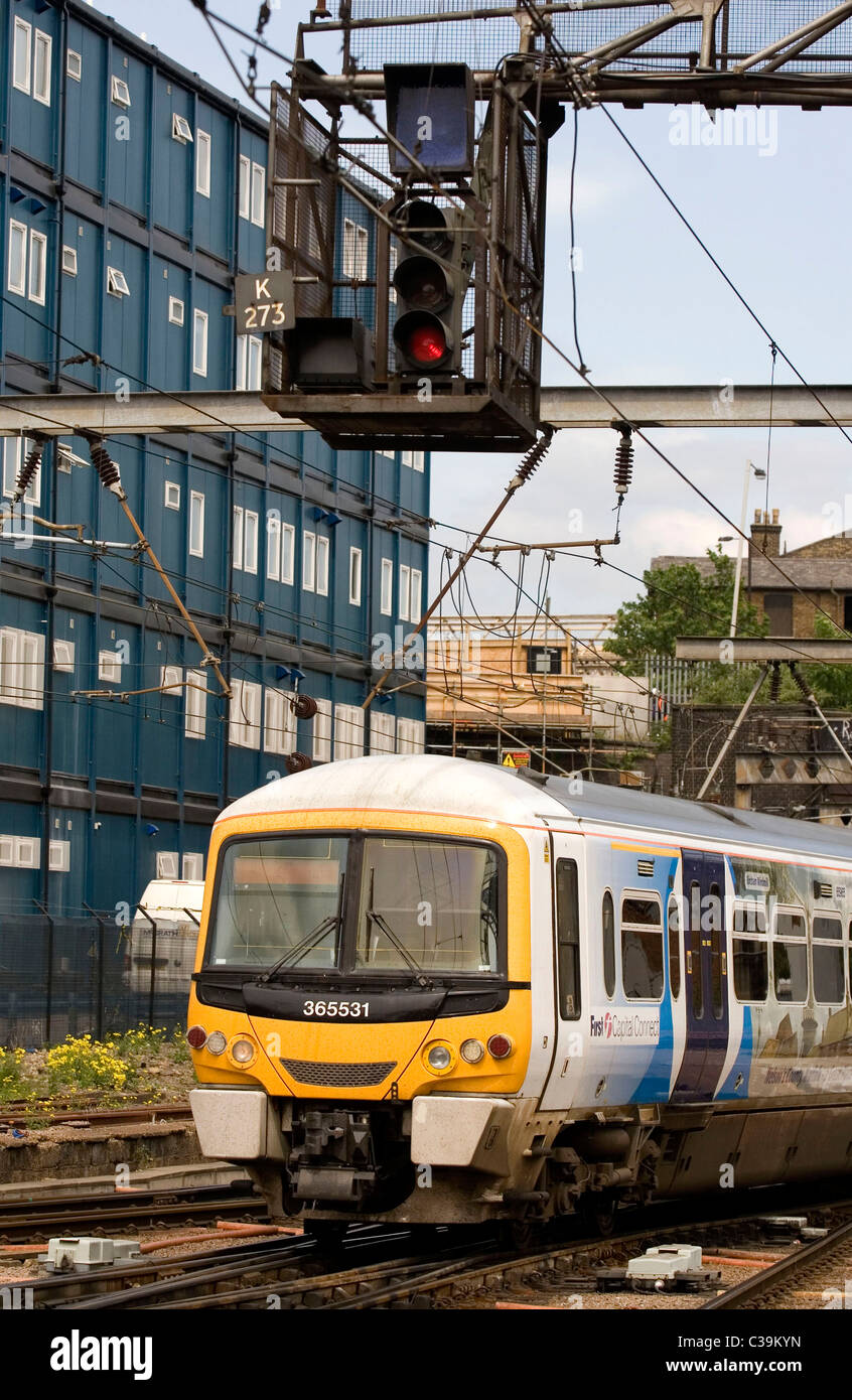 A train passes a signal box at King's Cross Station, London. 12/05/09 ...