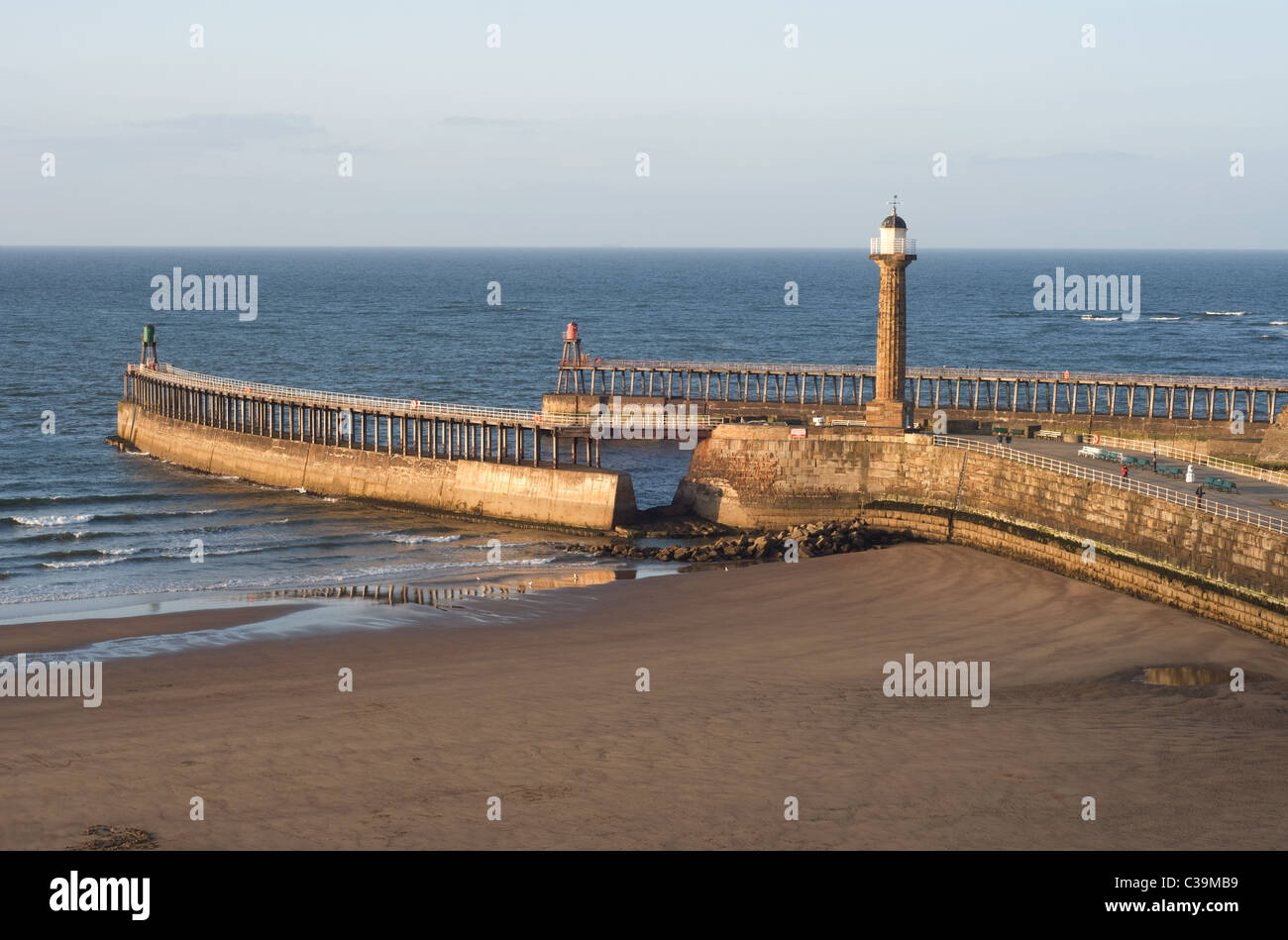 View from West Cliff Whitby of the Mouth of the Harbour and pier Stock ...