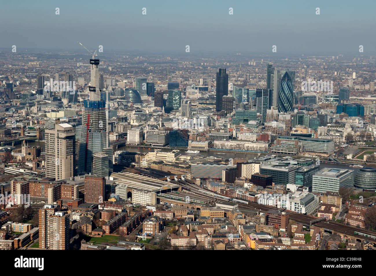 An aerial view of the City of London and the Shard from the South of ...