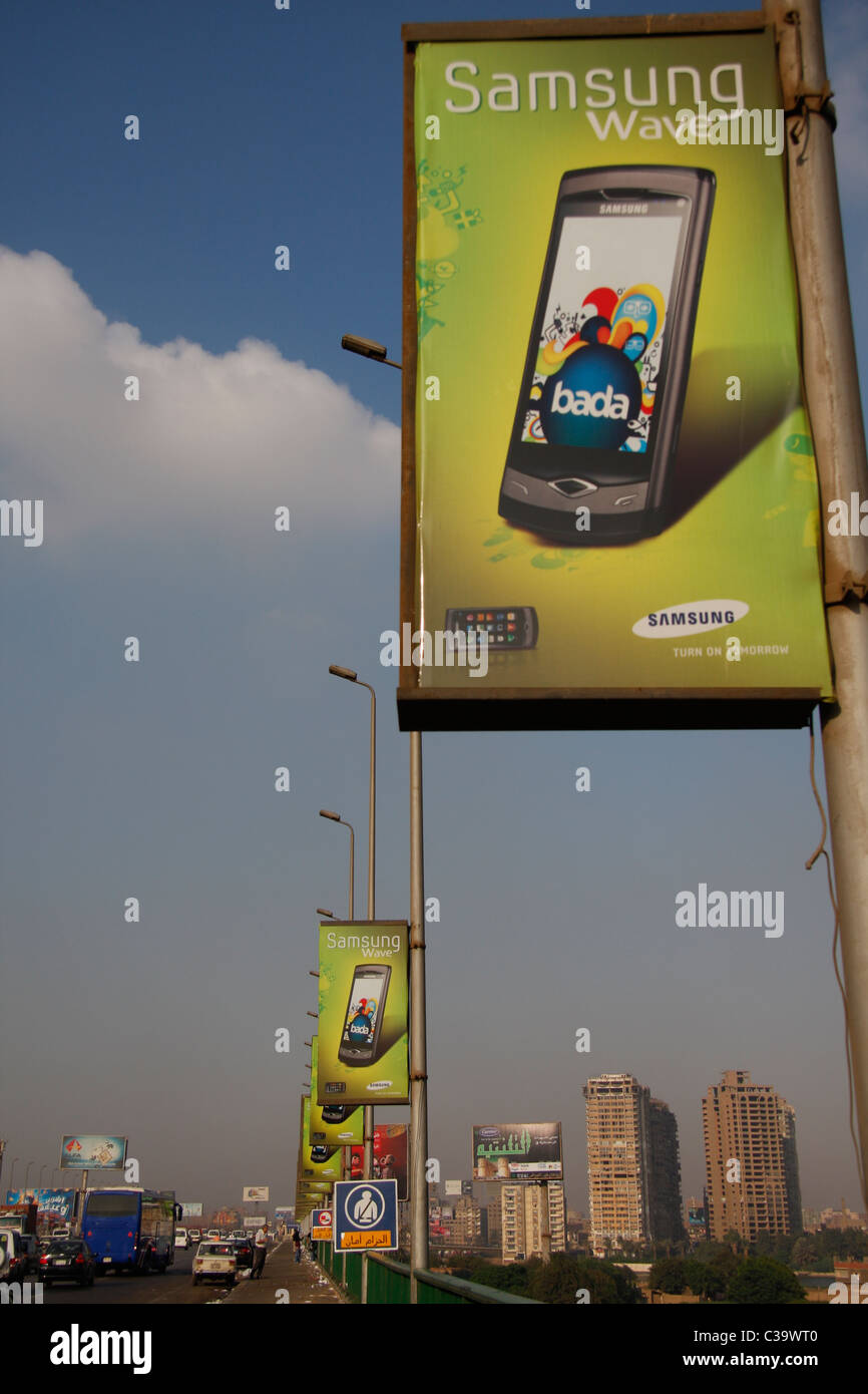 Advertising signs on a bridge leading across the Nile in Cairo, Egypt ...