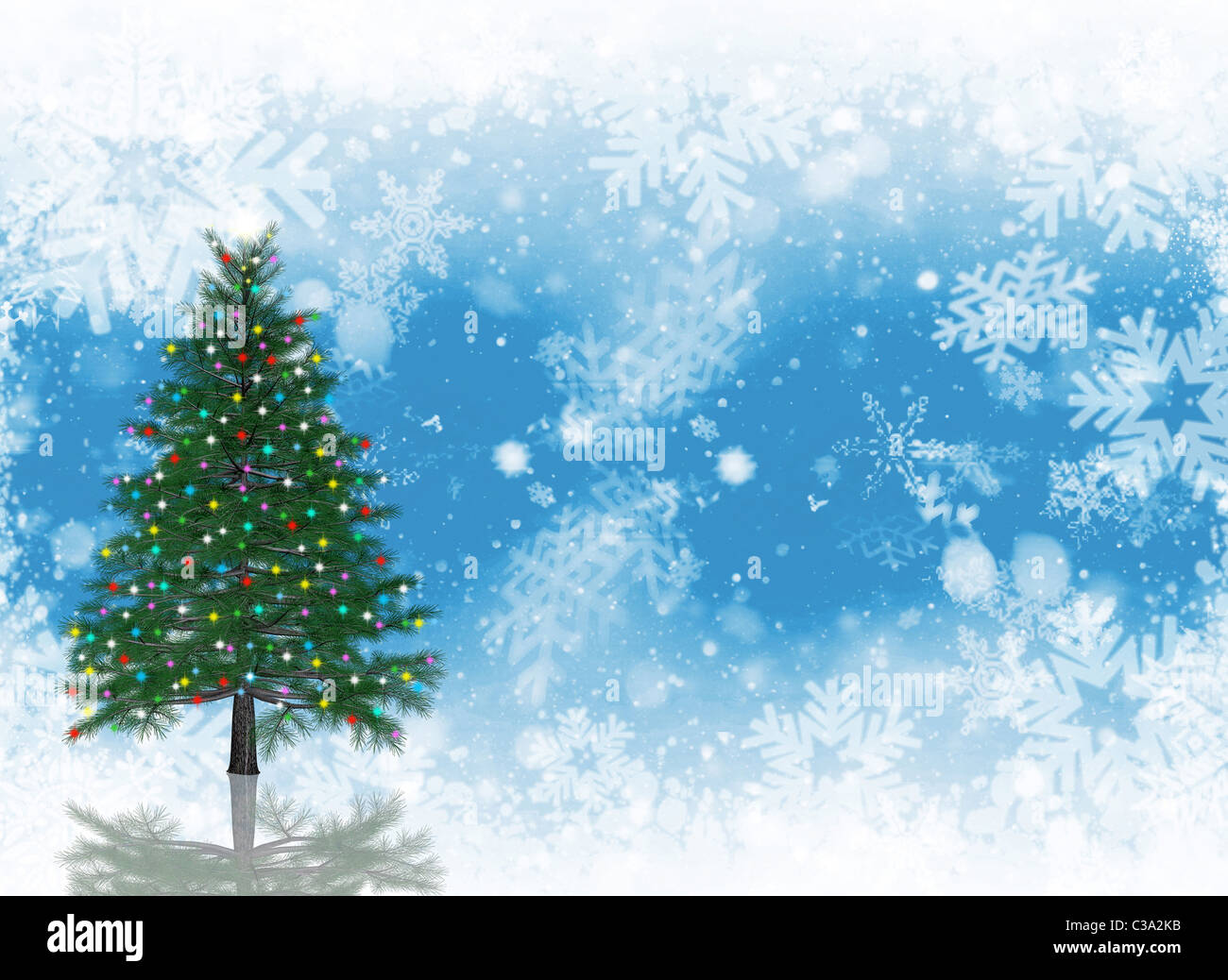 Christmas tree with glittering lights on snowflake background Stock ...