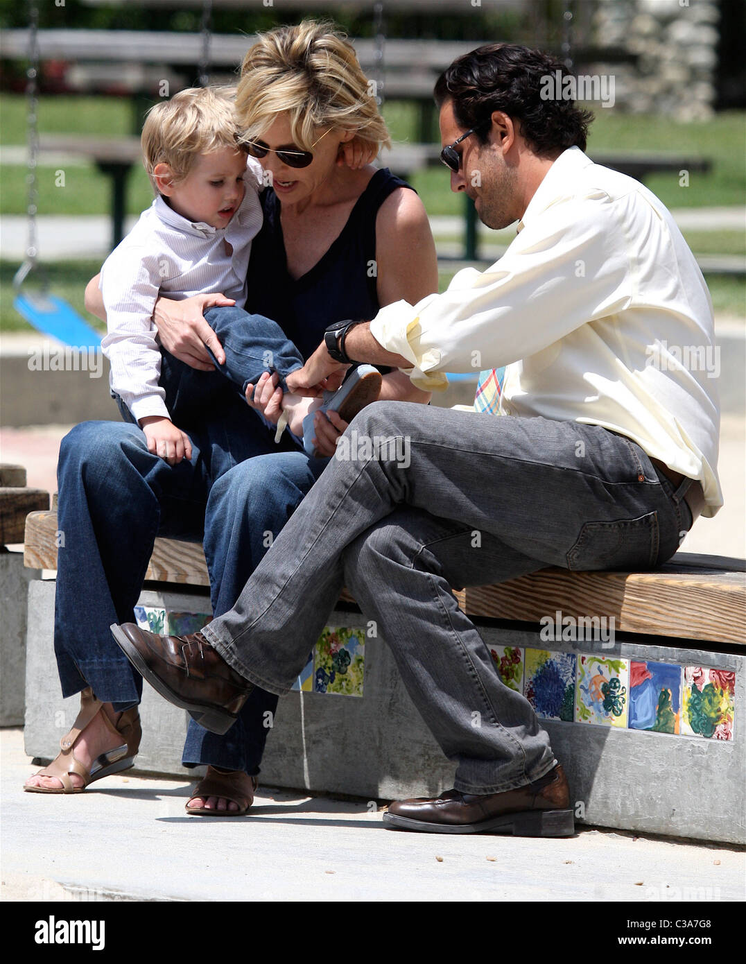 Sharon Stone and a friend spend time with her son Roan Bronstein at ...