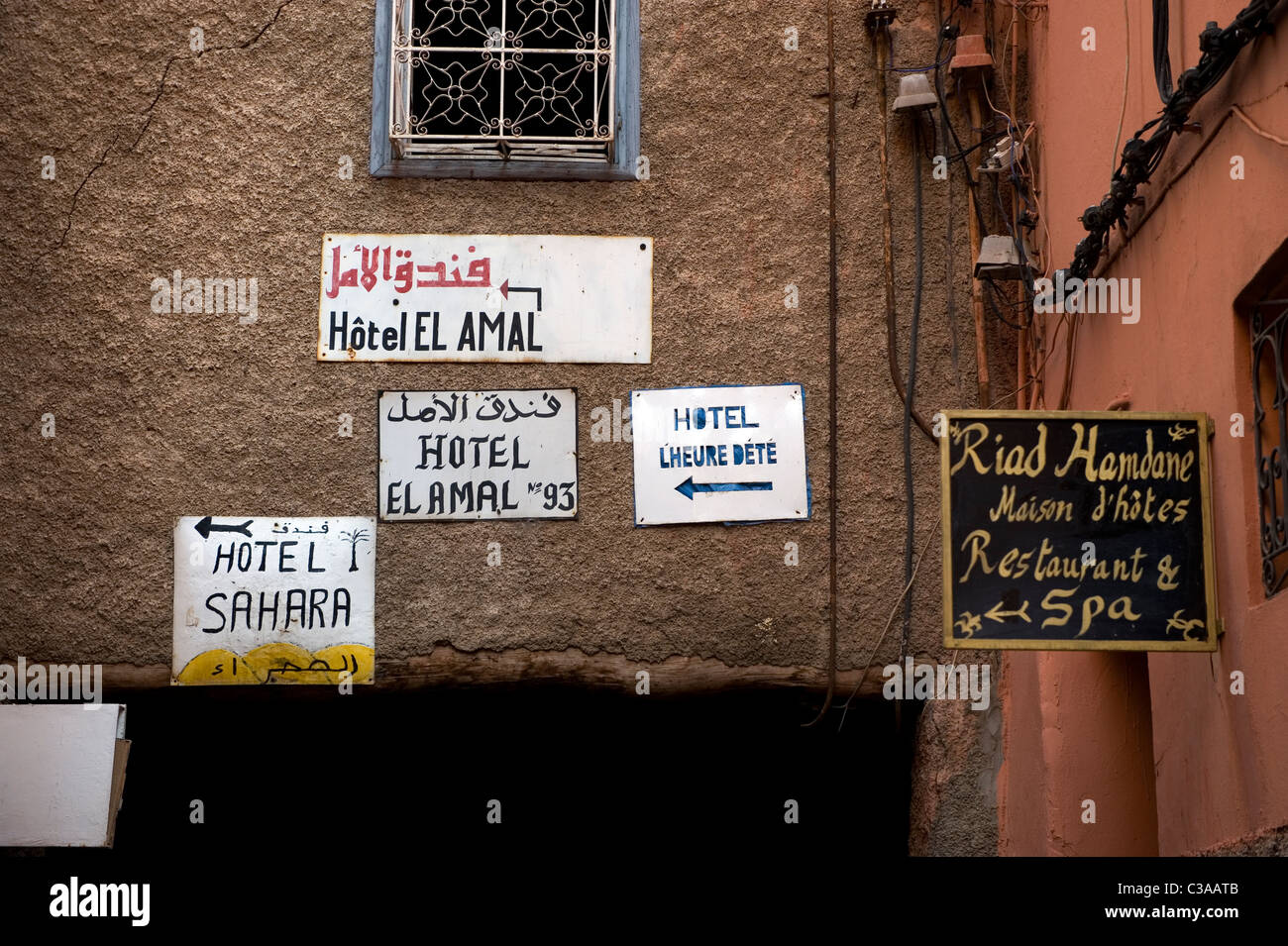Marrakech, Morocco,15-4-2011. Hotel and Riad signs in the Medina Stock ...