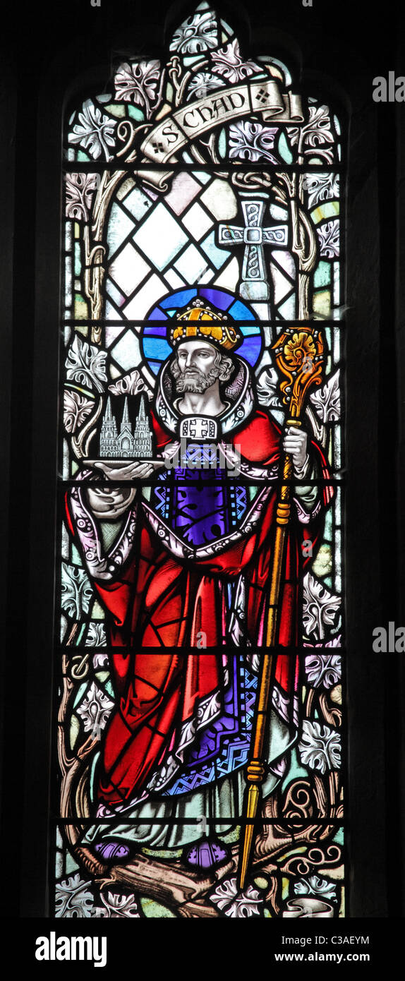 A stained glass window depicting St Chad, founder of Lichfield ...
