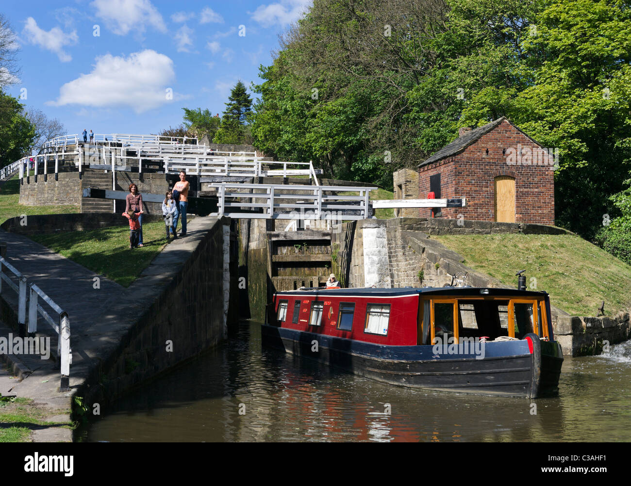 Narrowboat leaving the last of the Five Rise Locks on the Leeds and ...