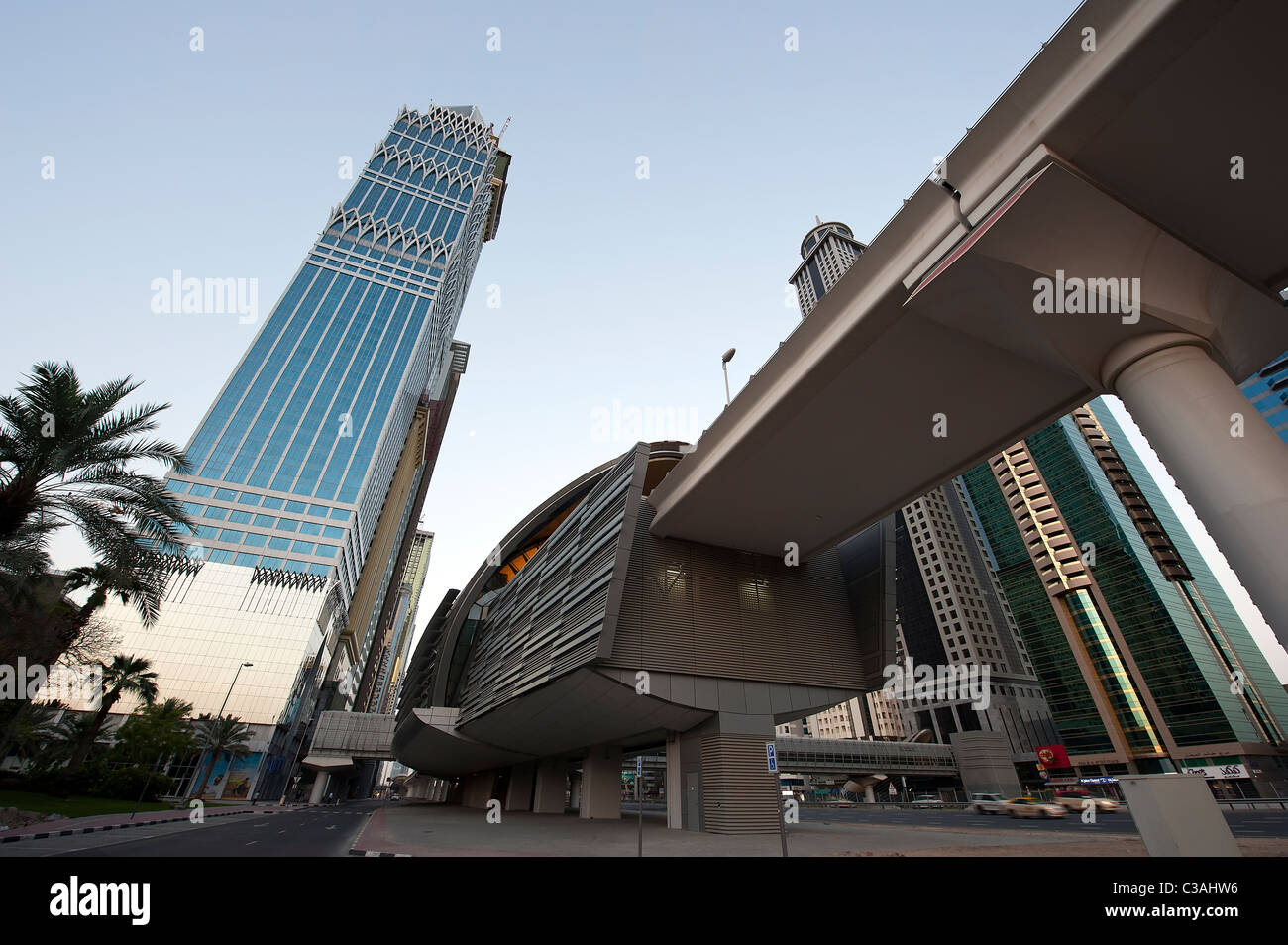 Skyscrapers and Dubai Metro line along Sheikh Zayed Road Stock Photo ...