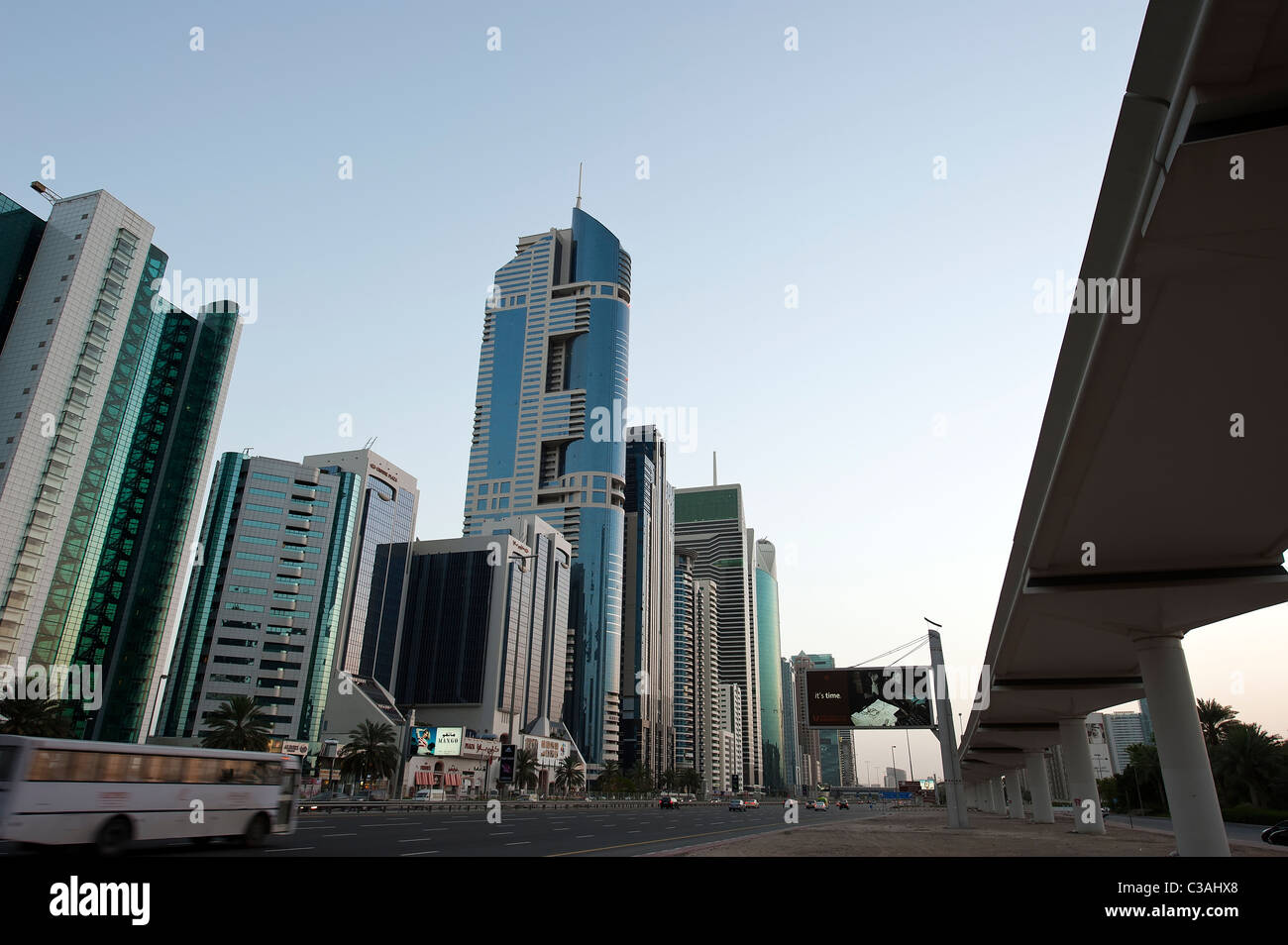 Skyscrapers and Dubai Metro line along Sheikh Zayed Road Stock Photo ...