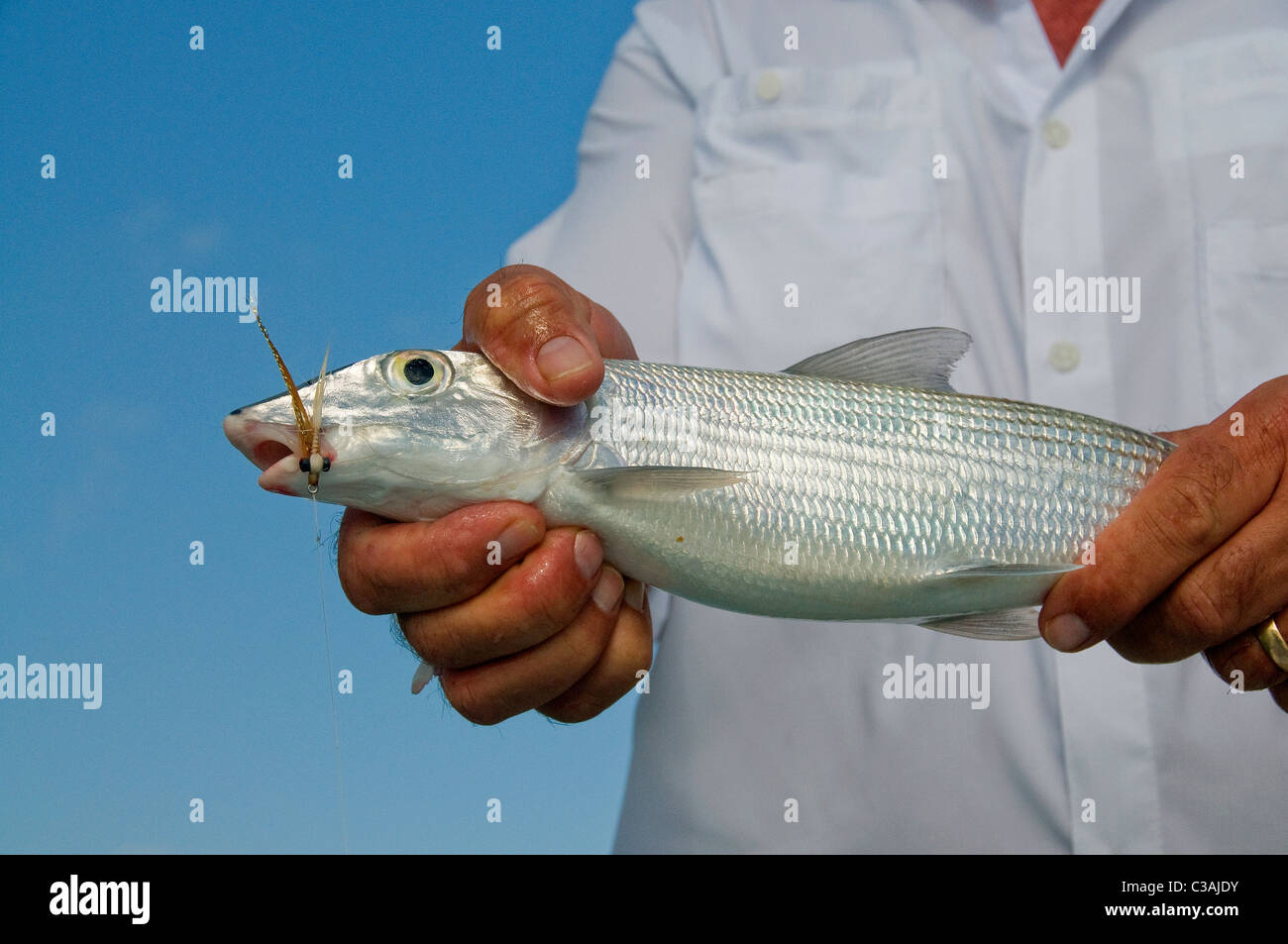 An angler and his guide pose with a nice bonefish caught on the flats ...