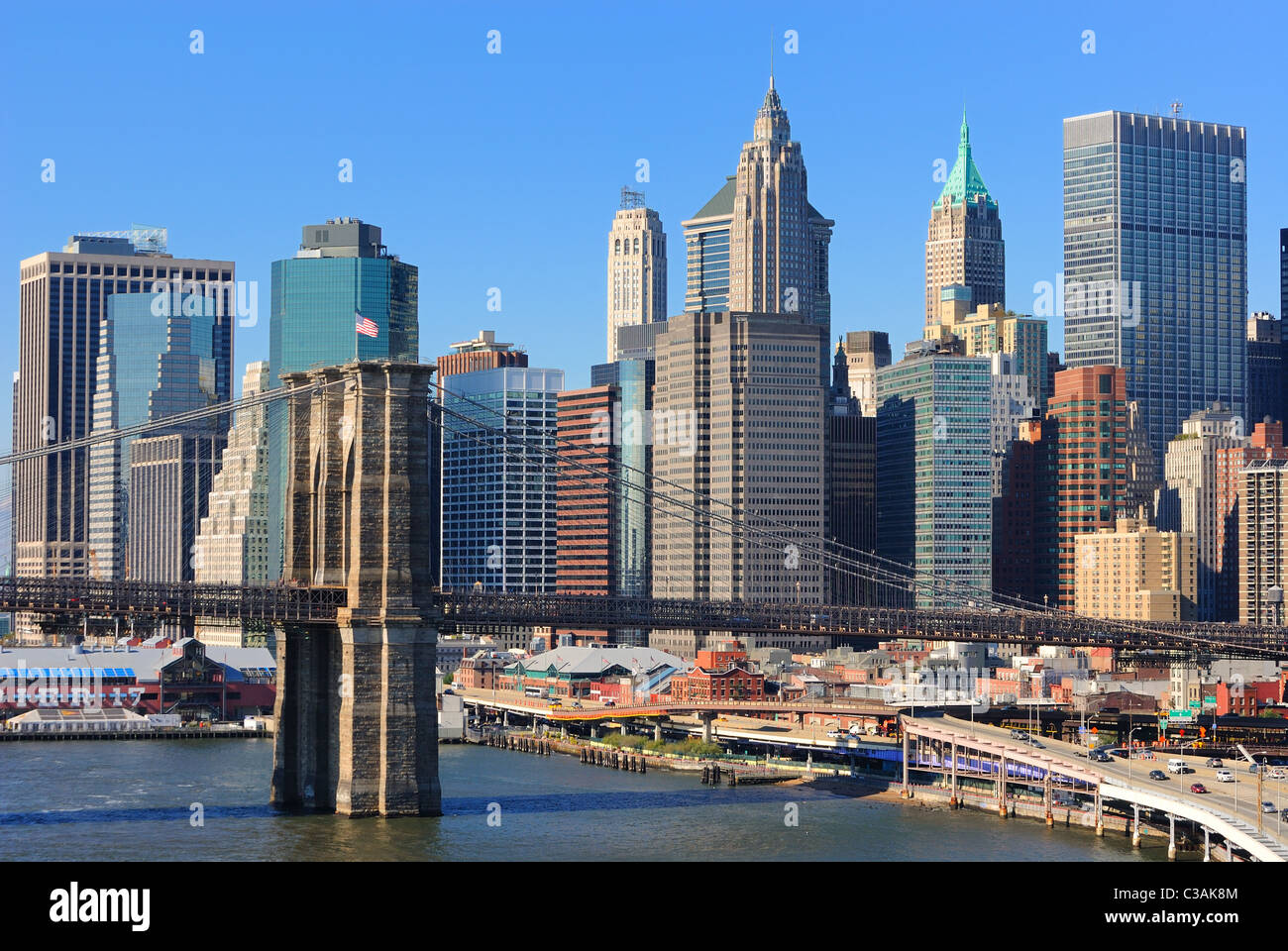 FDR Highway leading into numerous Manhattan skyscrapers in New York ...
