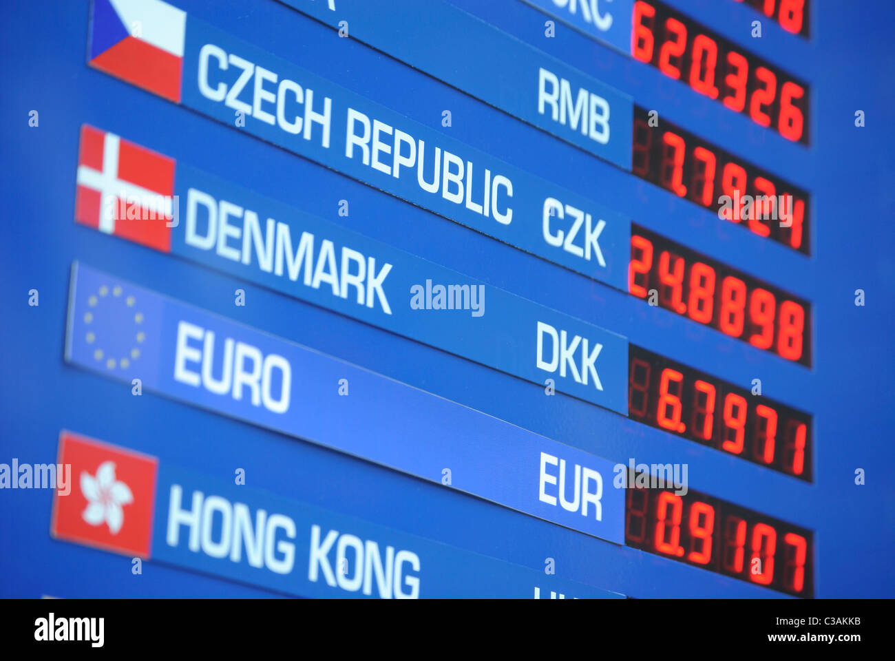 Sign depicting exchange rates for different international currencies ...
