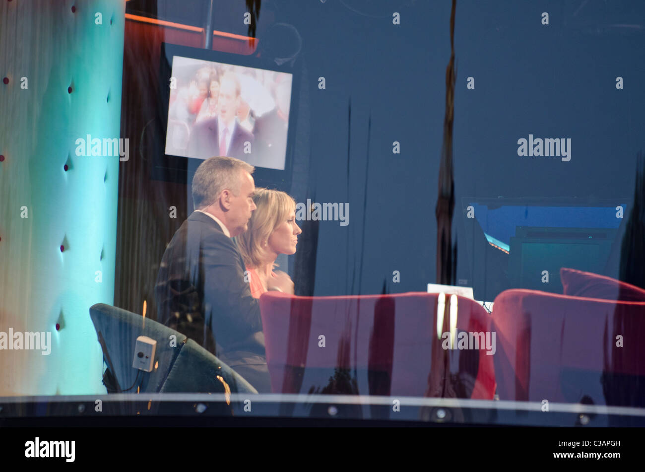 Huw Edwards and Sophie Raworth for BBC in TV Media centre at Royal wedding of Prince William to ...