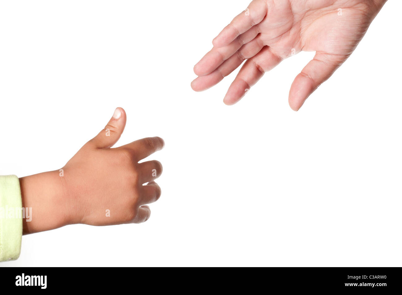 A child try to reach is mother hand on white background Stock Photo - Alamy