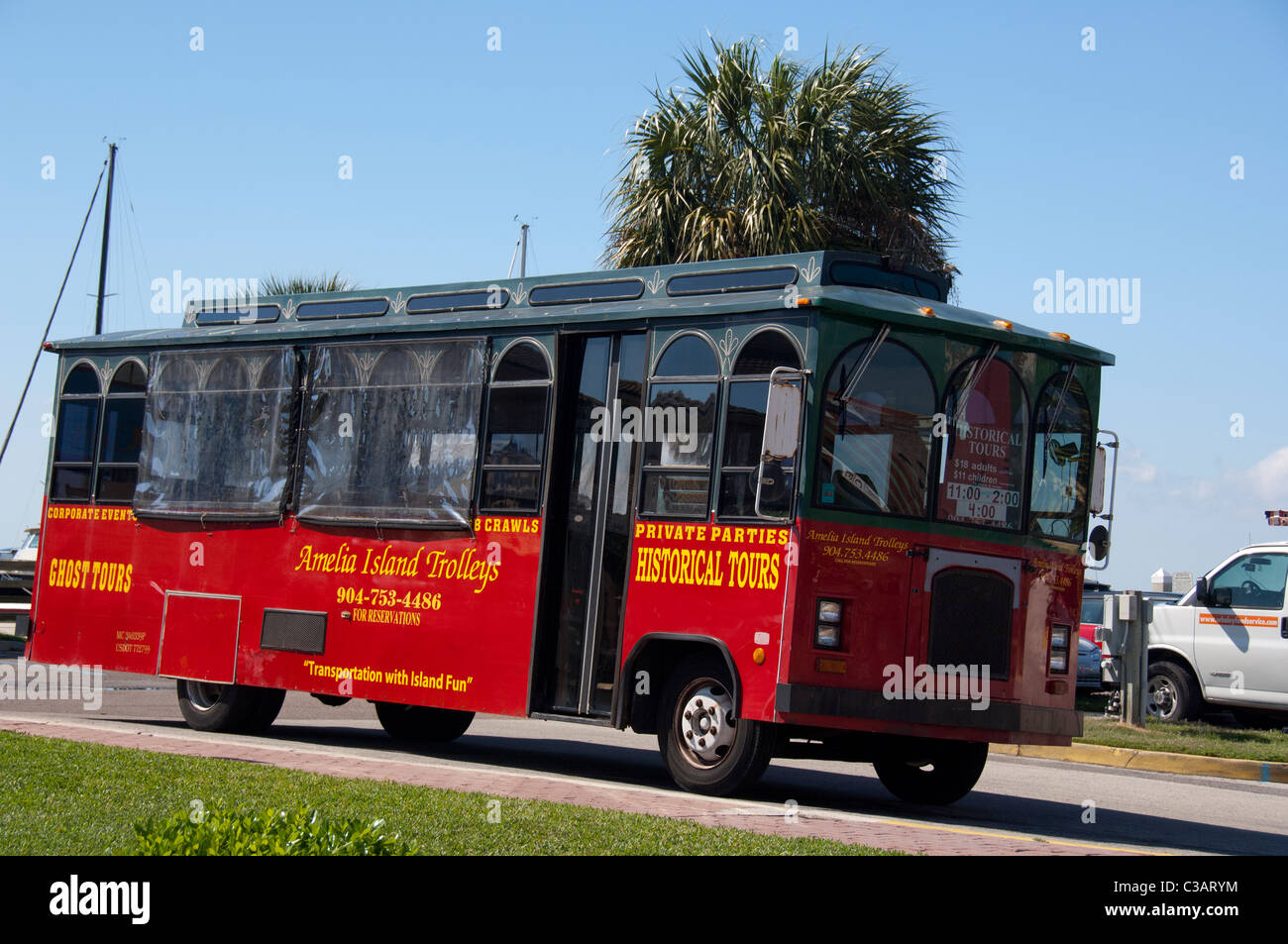 Florida, Amelia Island, Fernandina Beach. Historic town trolley Stock ...