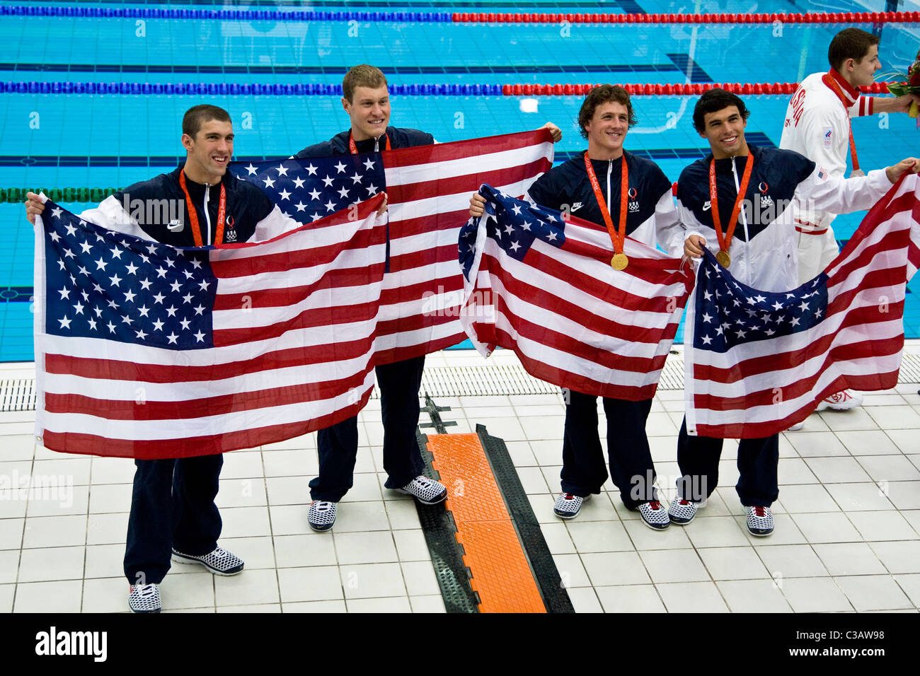 USA 2X200m World Record Gold Medal relay team L-R Michael Phelps, Ryan ...